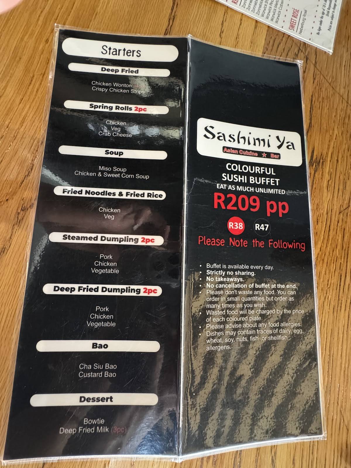 Menu at Sashimi ya restaurant, Randburg