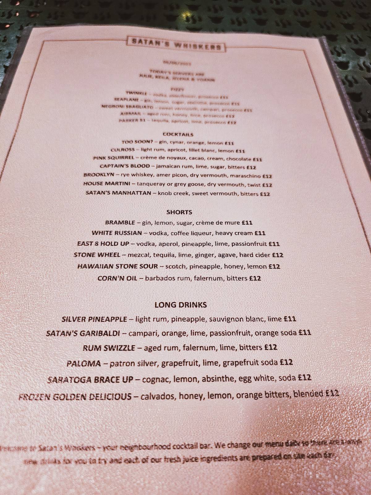 Menu at Satan's Whiskers pub & bar, London