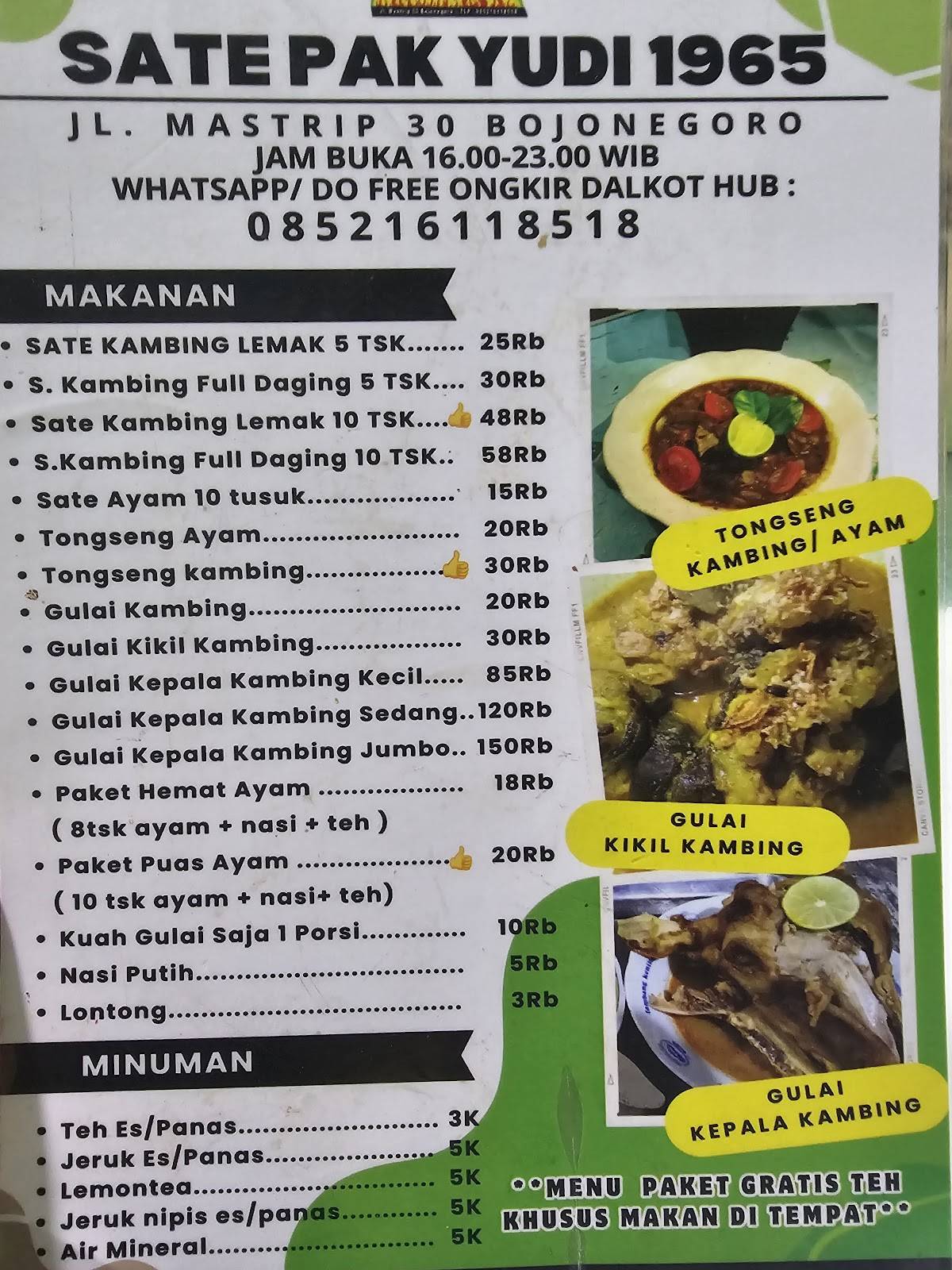Carta del restaurante Sate & Gulai Pak Yudi Mastrip Bojonegoro 1965 ...