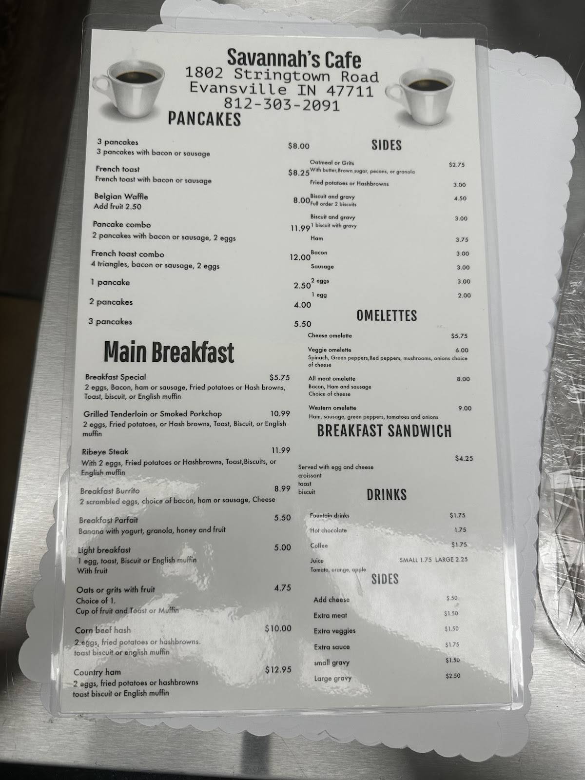 Menu at Savannah's Cafe, Evansville, Stringtown Rd
