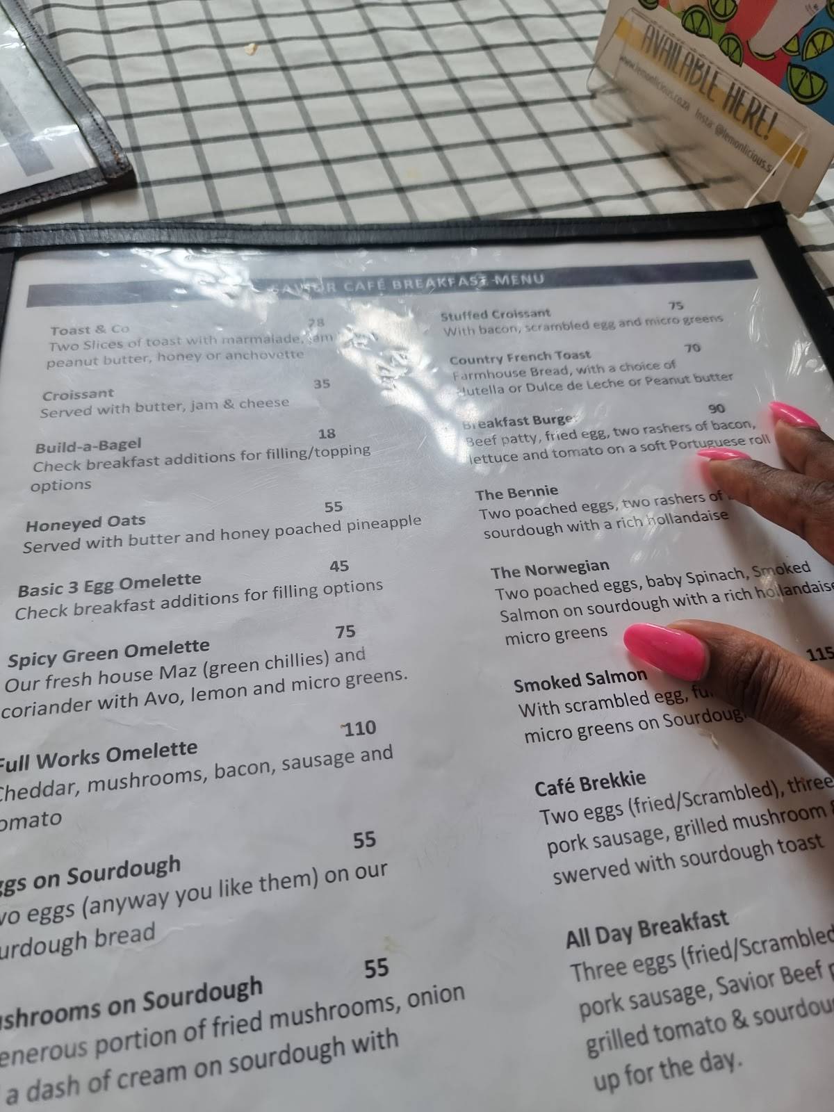 Menu at Savior Cafe, Durban