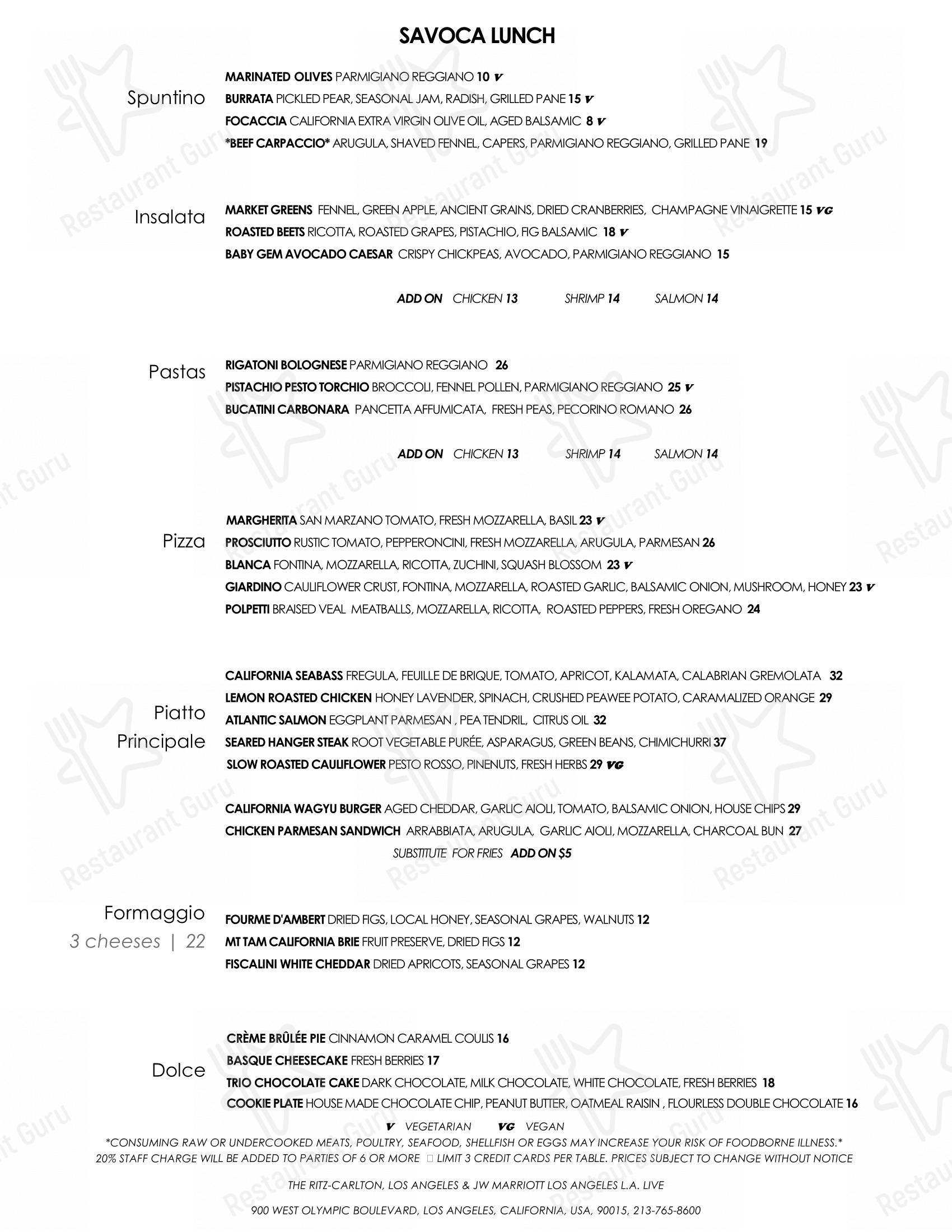 Menu at Savoca restaurant, Los Angeles
