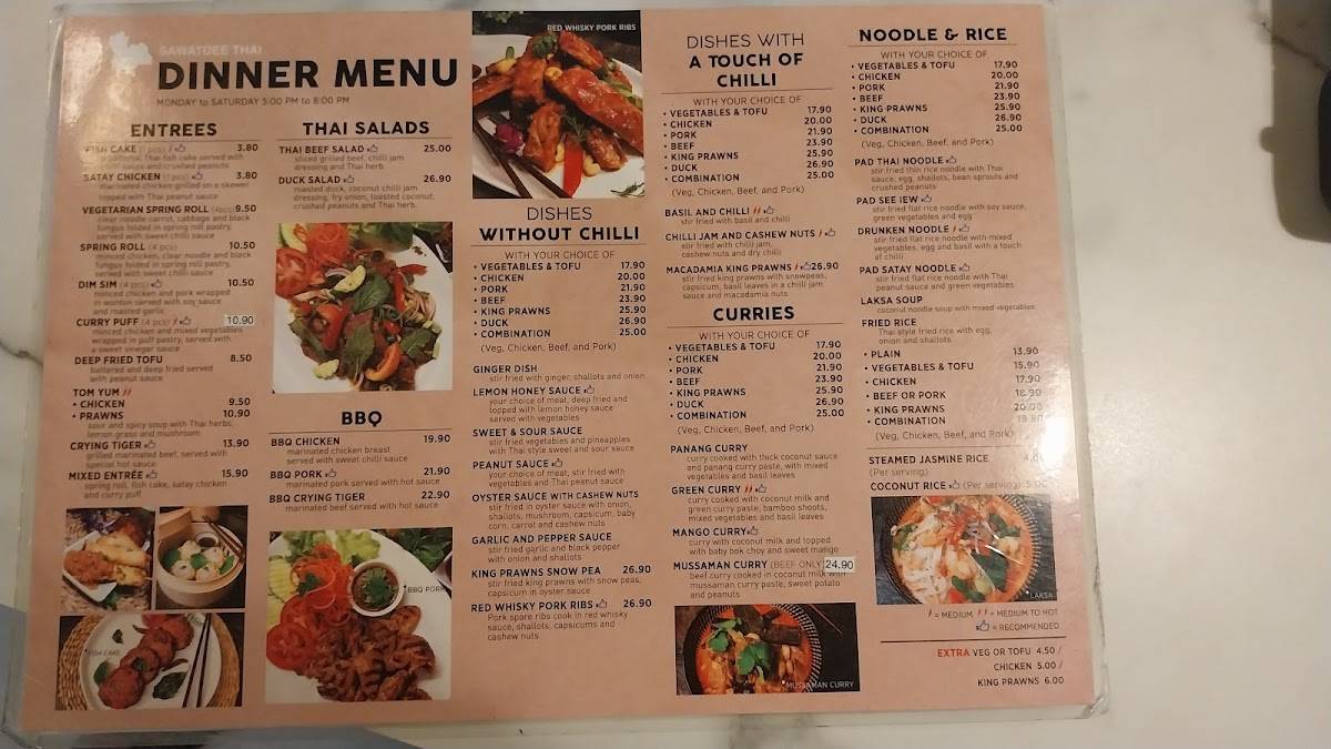 Menu at Sawatdee Thai Restaurant, Batemans Bay