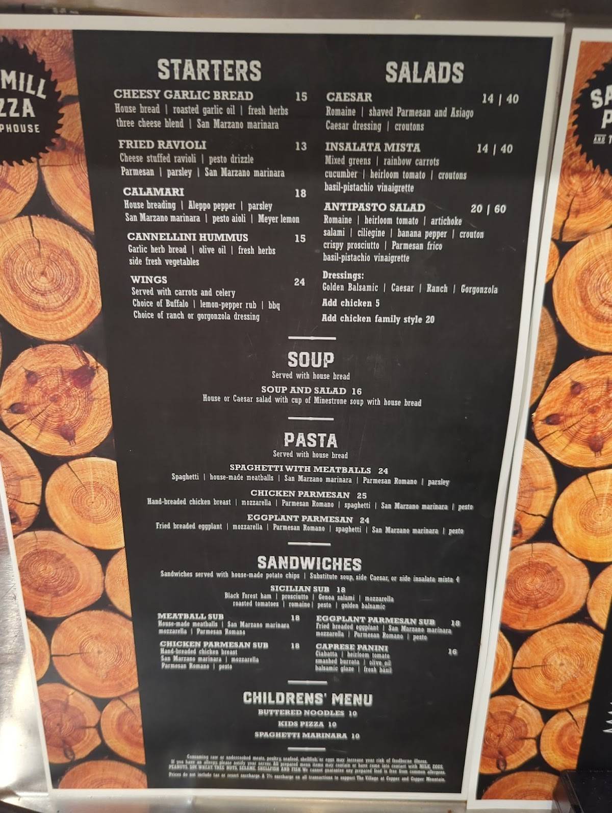 Menu at Sawmill Pizza & Taphouse pub & bar, Copper Mountain