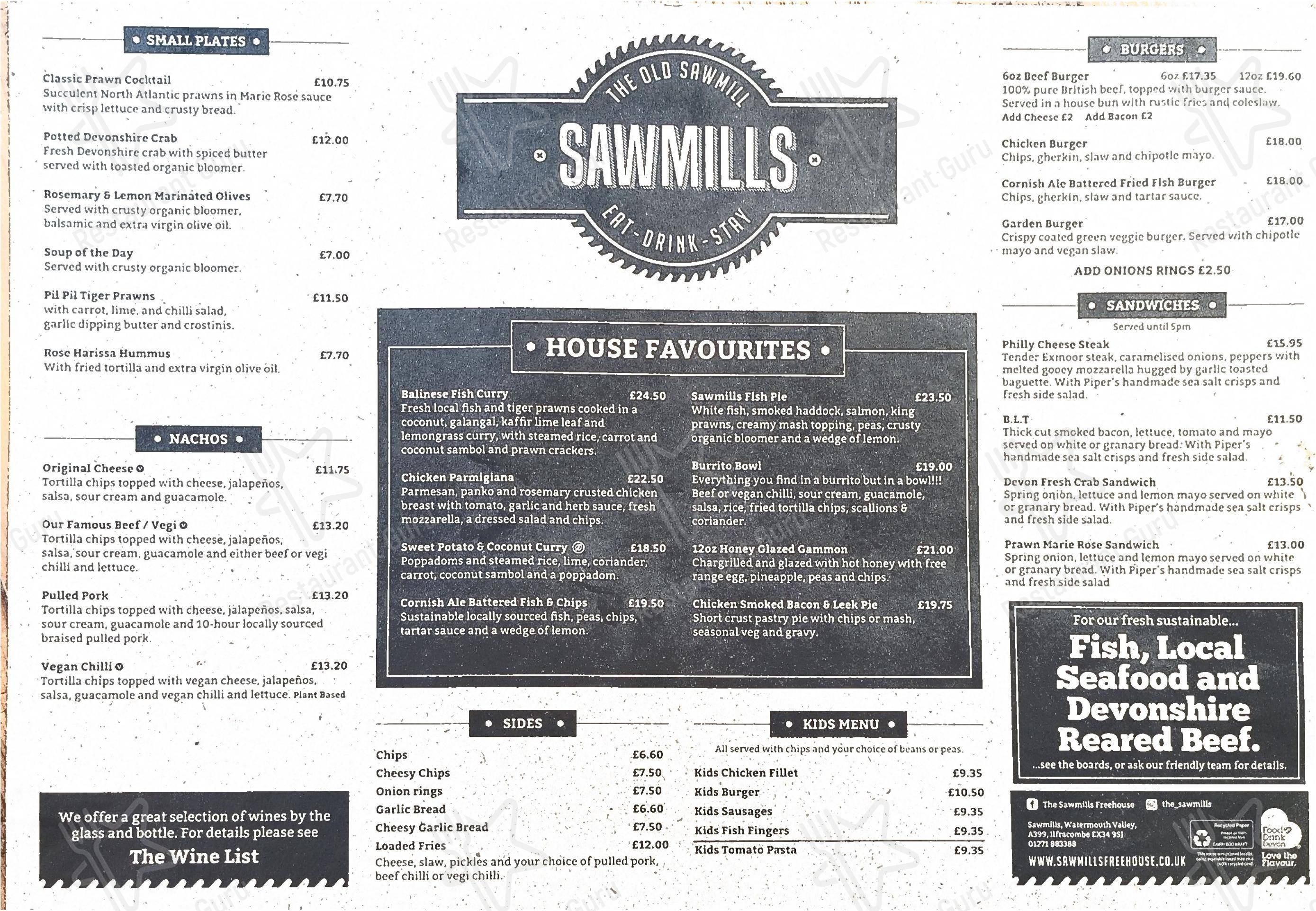 Menu at Sawmills Free House pub & bar, Ilfracombe