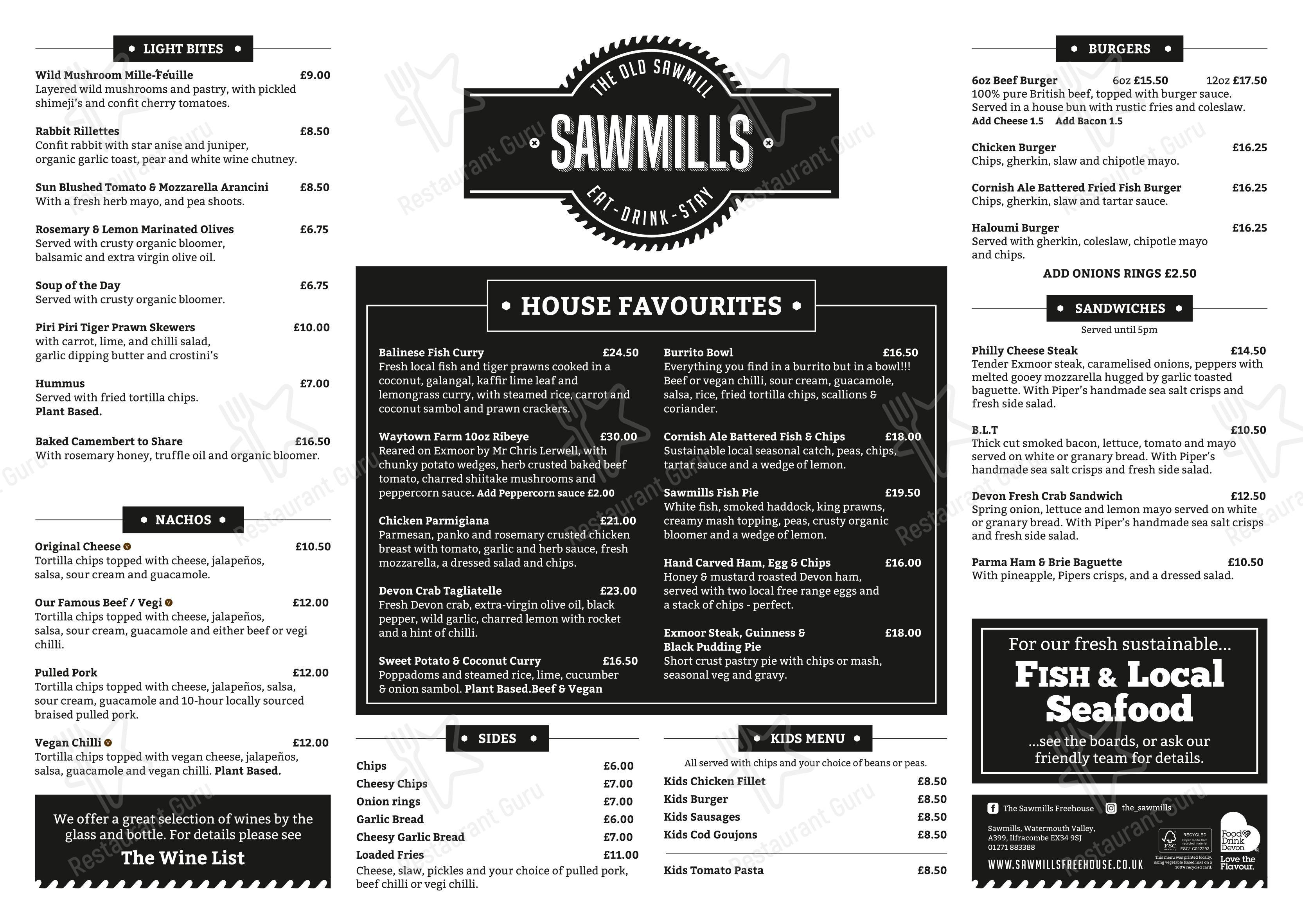 Menu at Sawmills Free House pub & bar, Ilfracombe