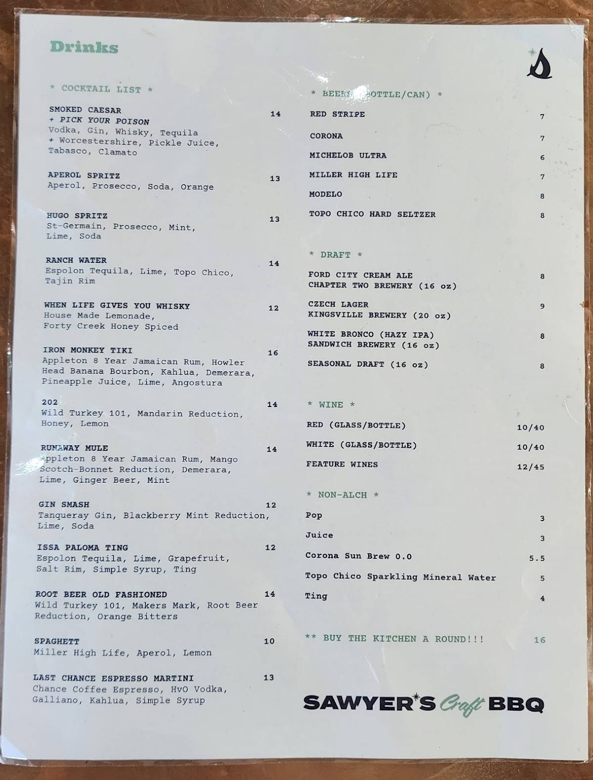 Menu at Sawyer's Craft BBQ, Windsor