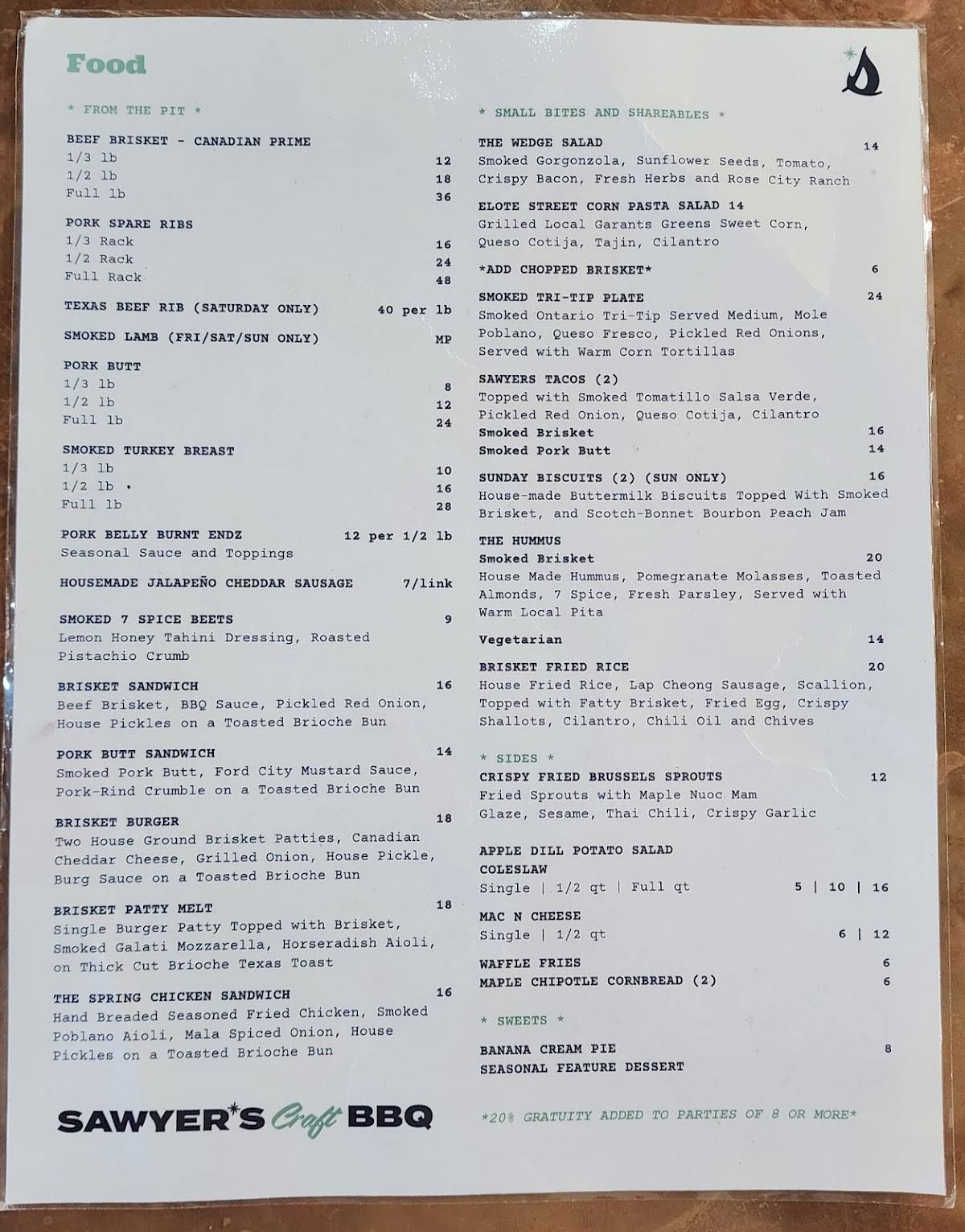 Menu at Sawyer's Craft BBQ, Windsor