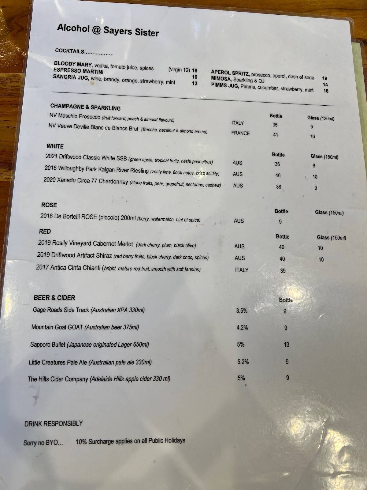 Menu at Sayers Sister cafe, Perth