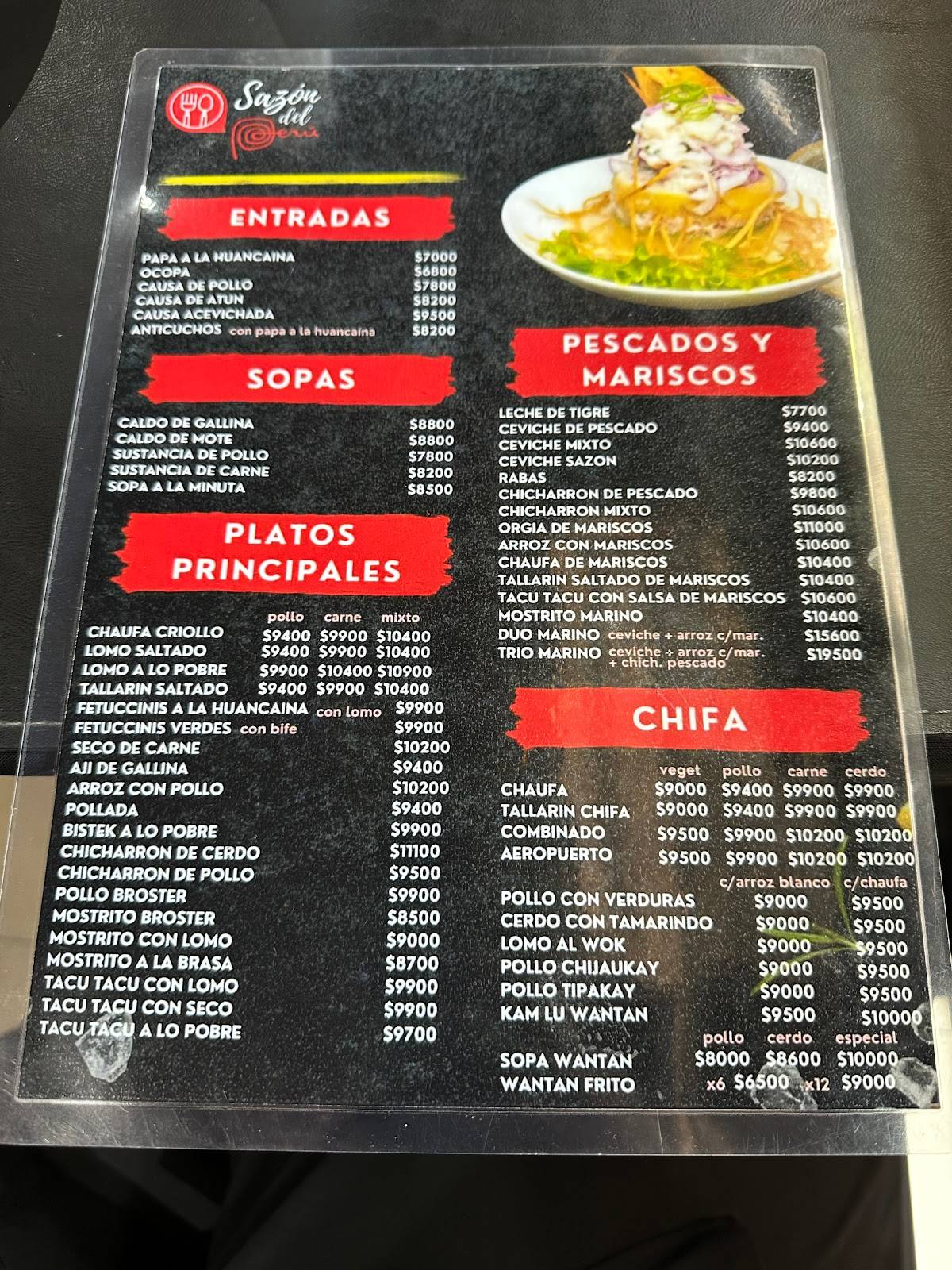 Carta del restaurante Sazón del Perú, Buenos Aires