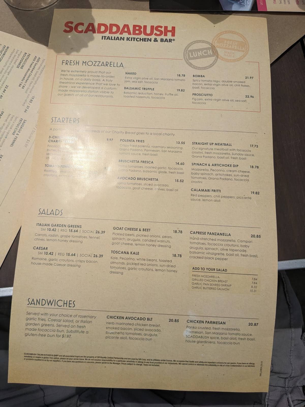 Menu at Scaddabush Italian Kitchen & Bar Vaughan, Toronto, 20 Colossus Dr