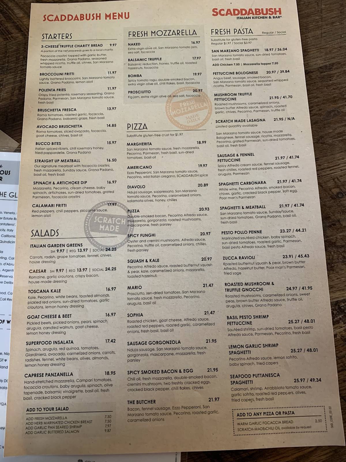 Menu at Scaddabush Italian Kitchen & Bar Vaughan, Toronto, 20 Colossus Dr