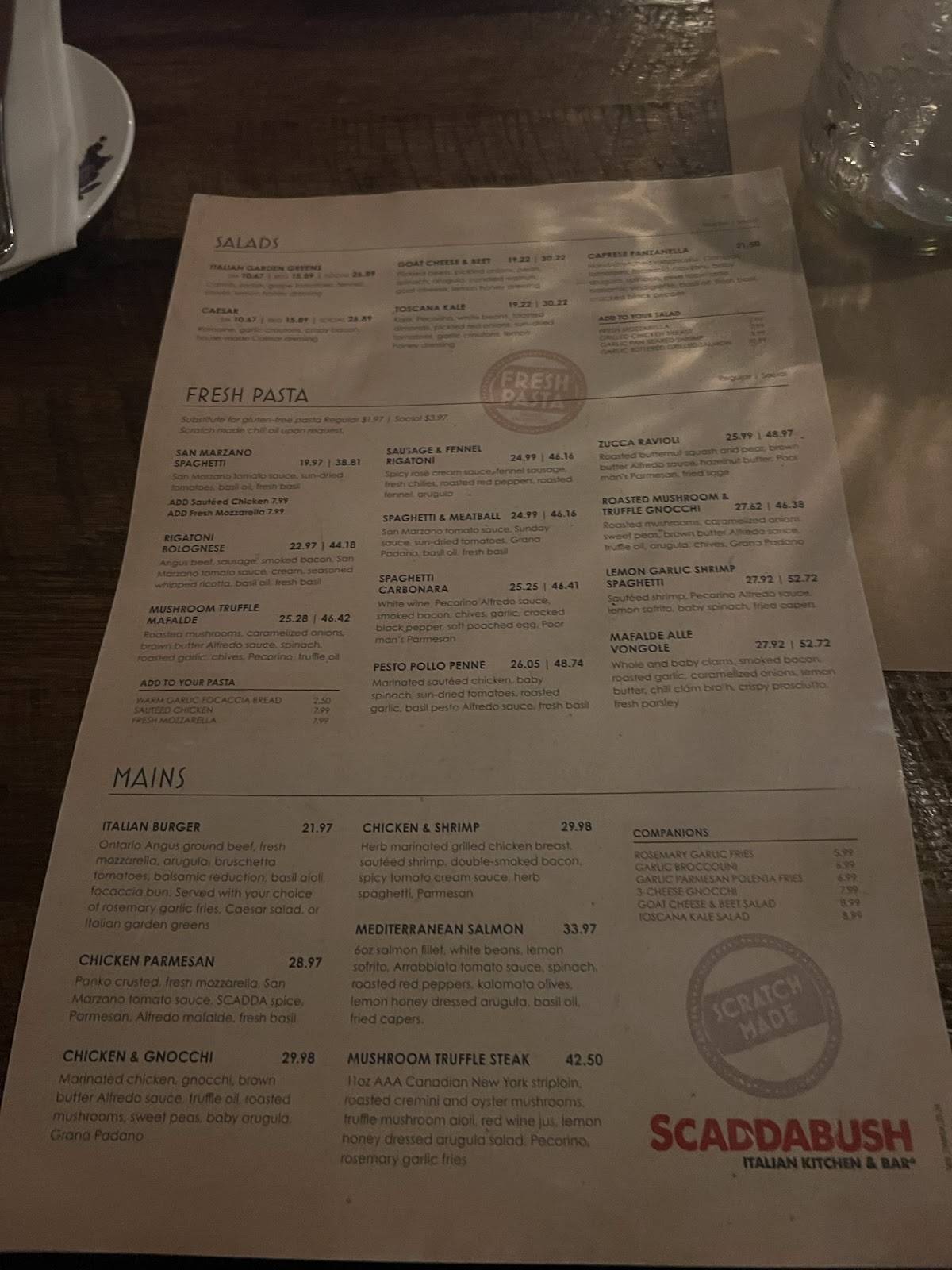 Menu at Scaddabush Italian Kitchen & Bar Vaughan, Toronto, 20 Colossus Dr