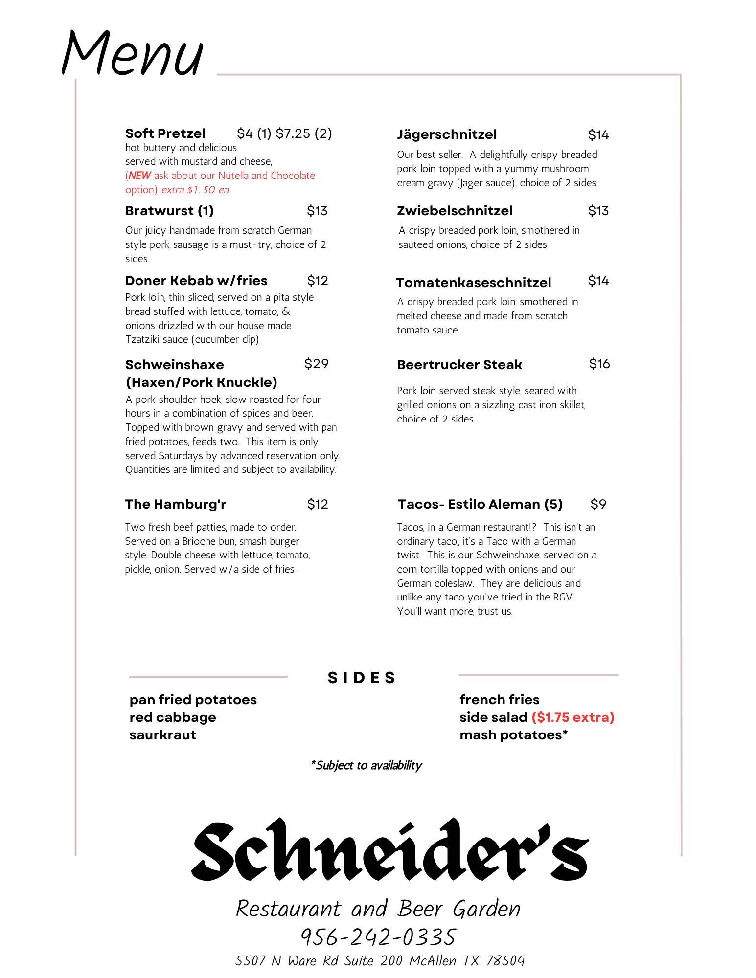 Menu at Schneider's Restaurant and Beer Garden, McAllen