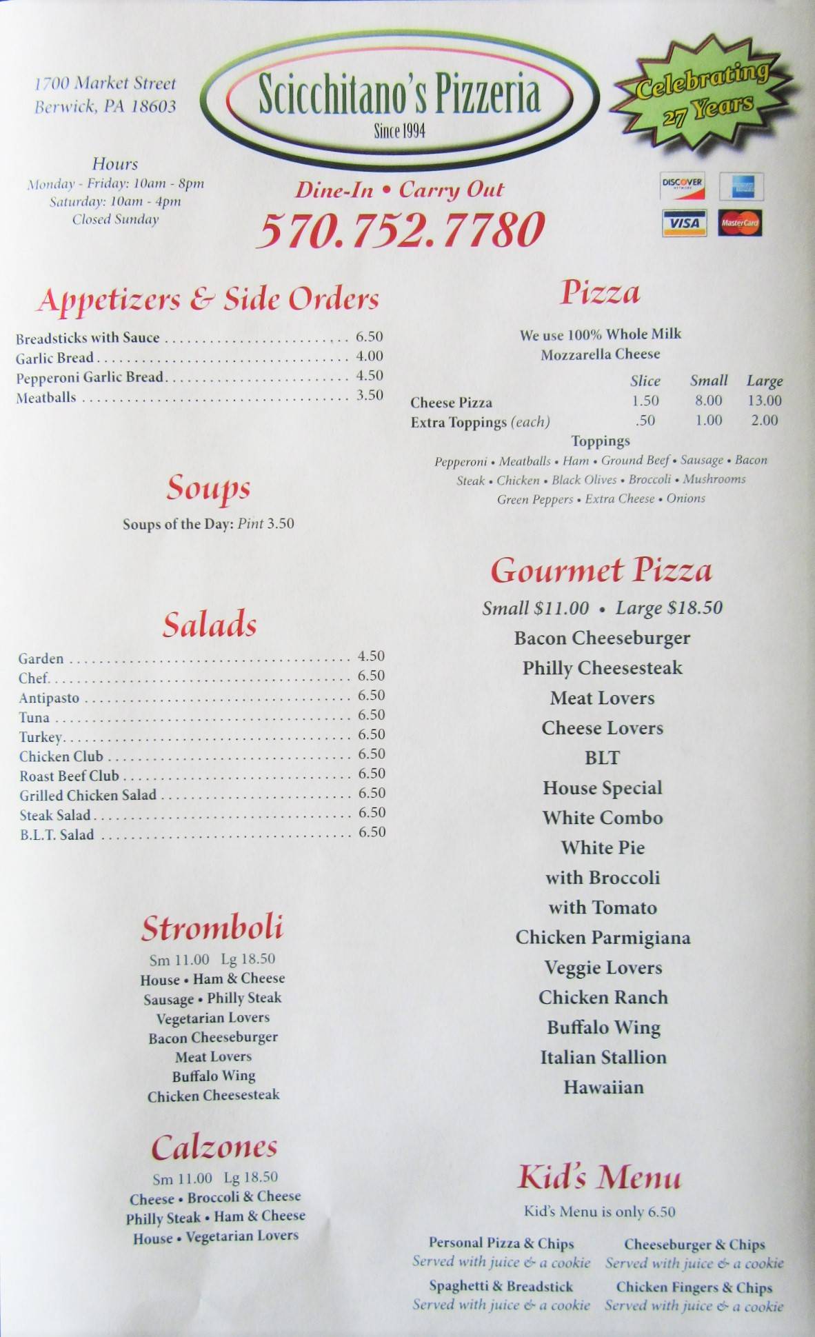 Menu at Scicchitano’s Pizzeria Berwick Pa, Berwick