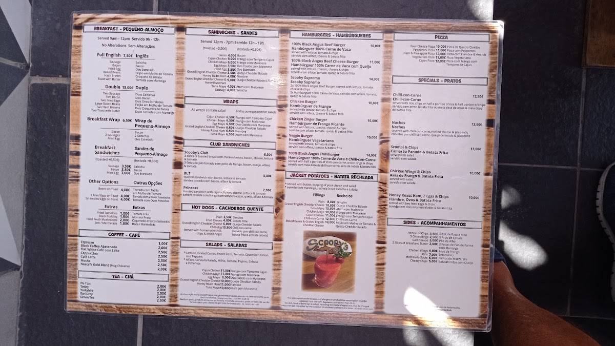 Menu at Scoobys Pool Bar, Albufeira