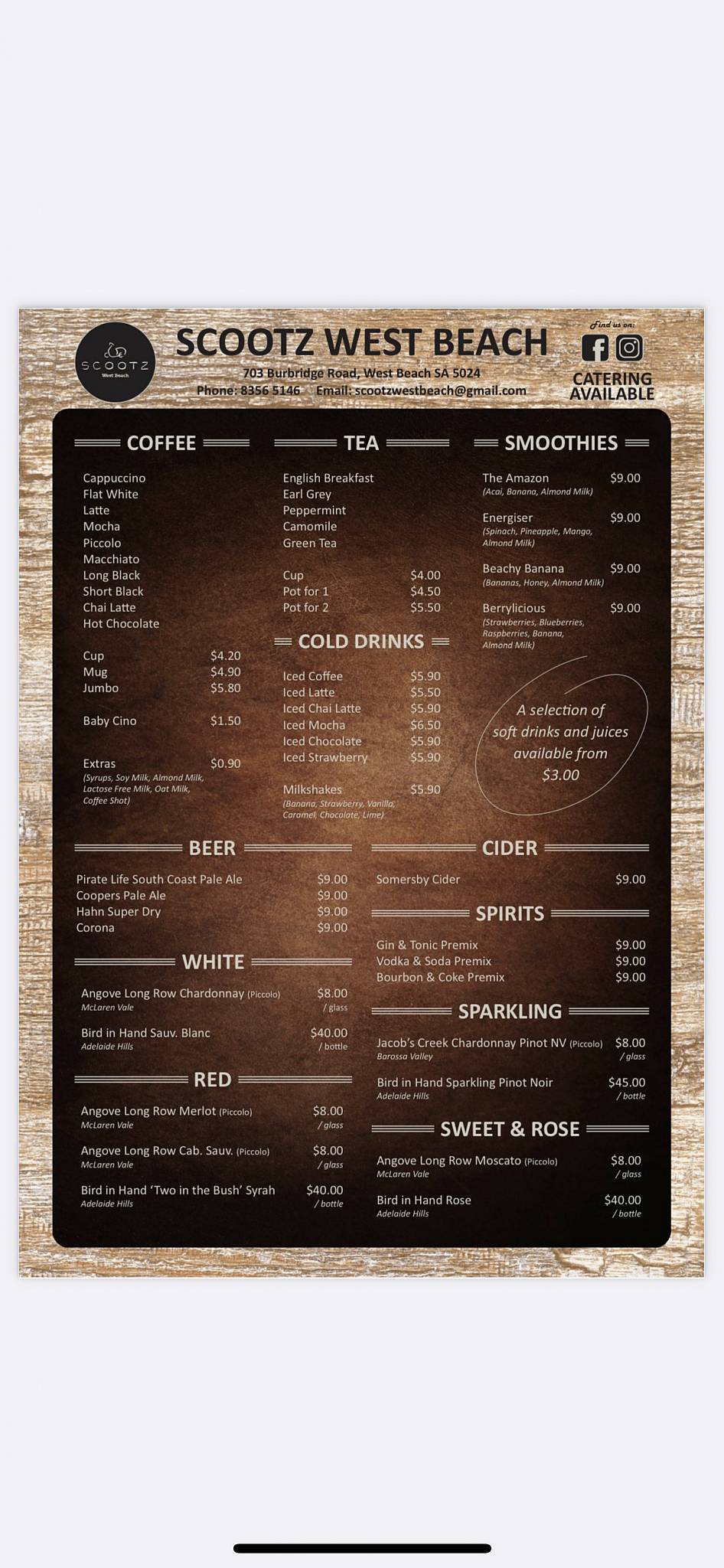 Menu at Scootz Cafe West Beach, West Beach