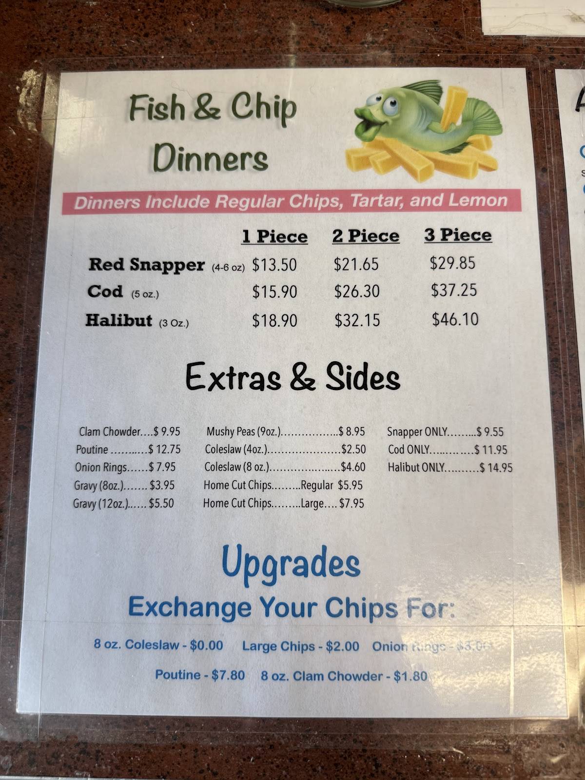 Menu at Scott's Landing Fish & Chips restaurant, Surrey