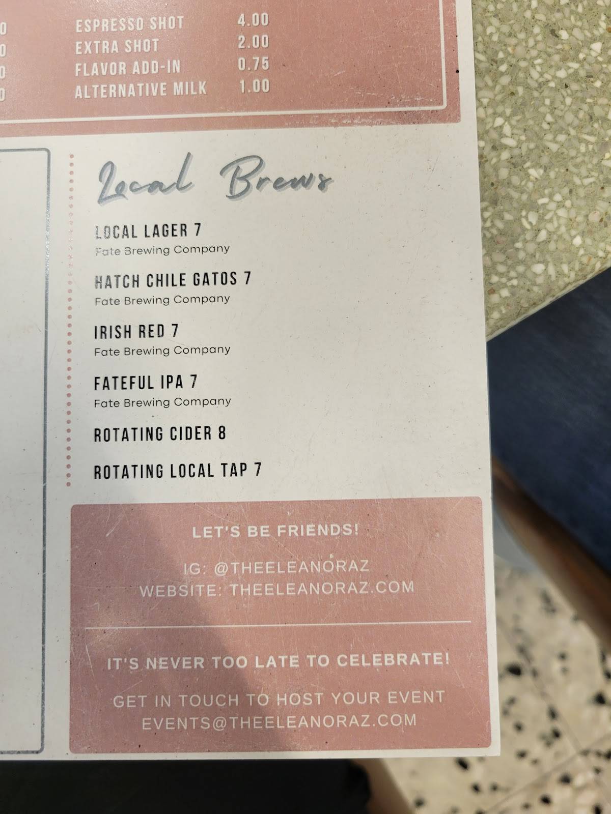 Carta del restaurante The Eleanor, Scottsdale