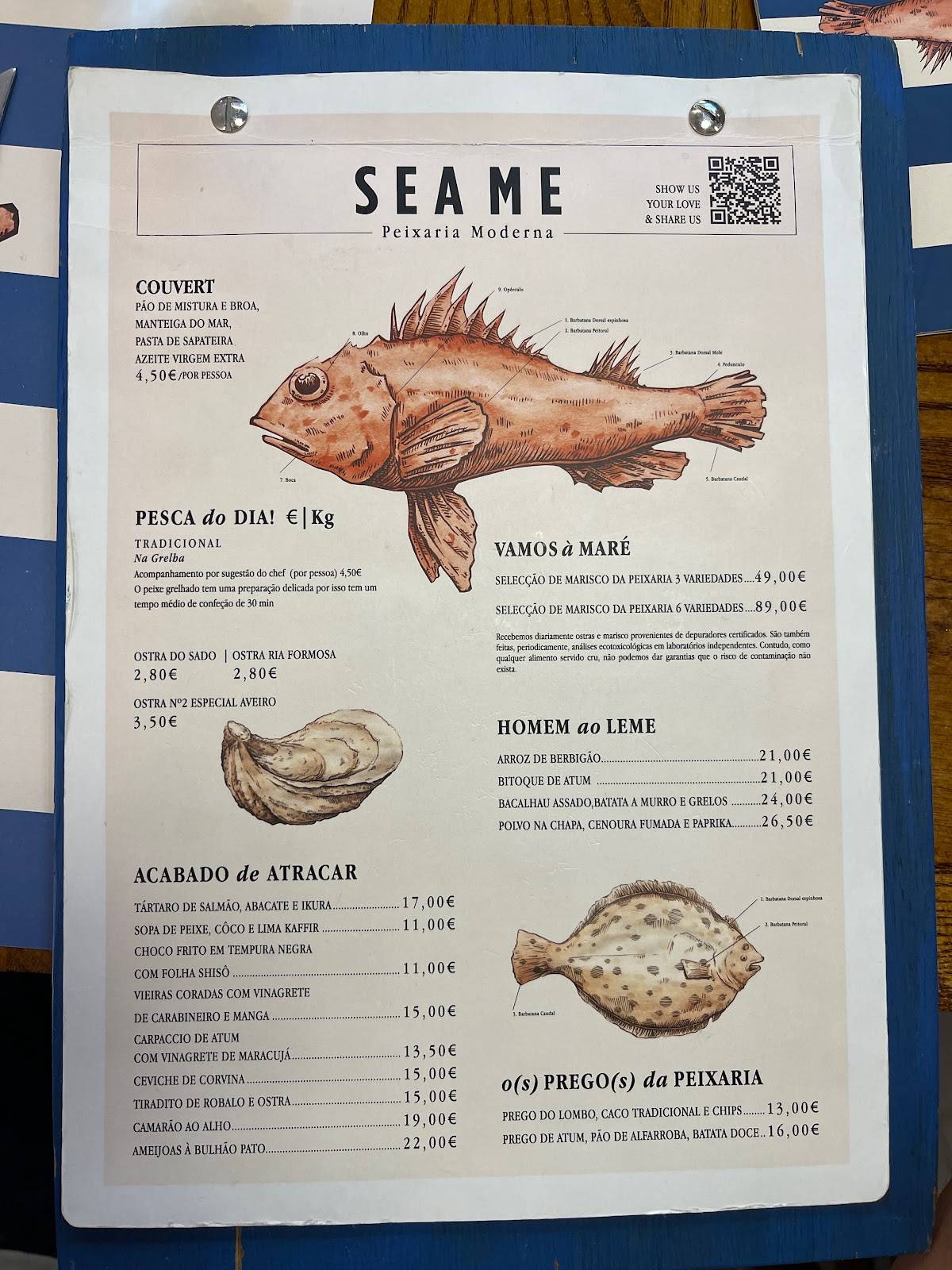 Menu at Sea Me Peixaria Moderna restaurant, Lisbon, Rua do Loreto 21