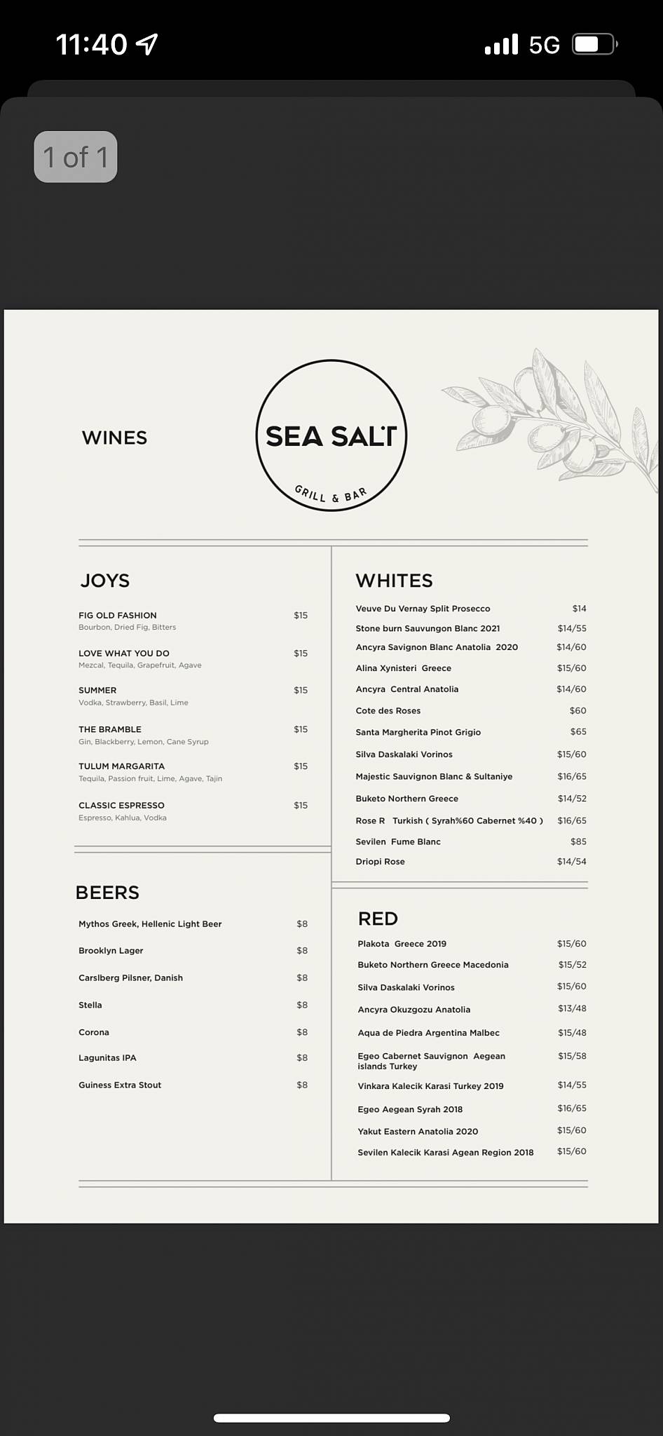 Menu at Sea Salt NYC pub & bar, New York City, 1st Ave.