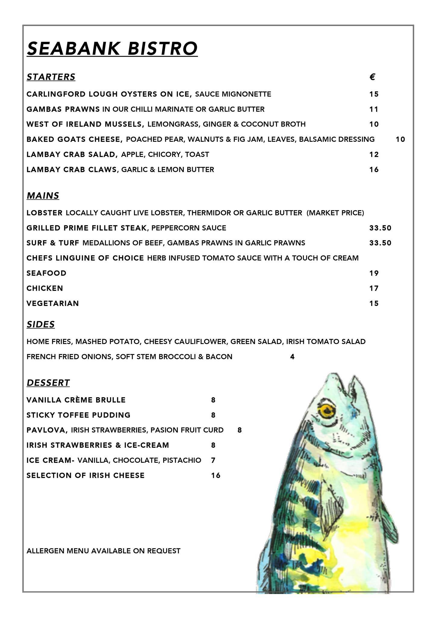 Menu at Seabank Bistro restaurant, Malahide