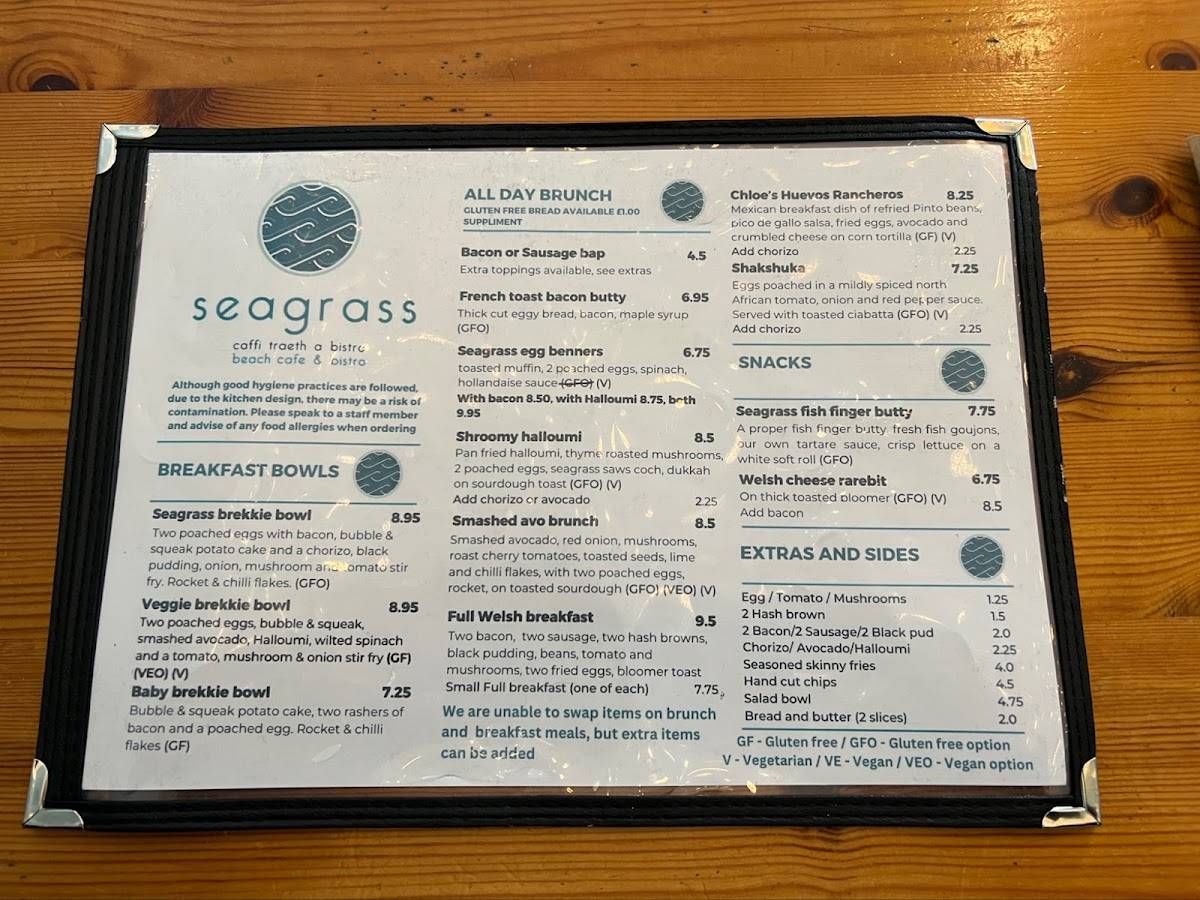 Menu at Seagrass restaurant, Llanfairfechan