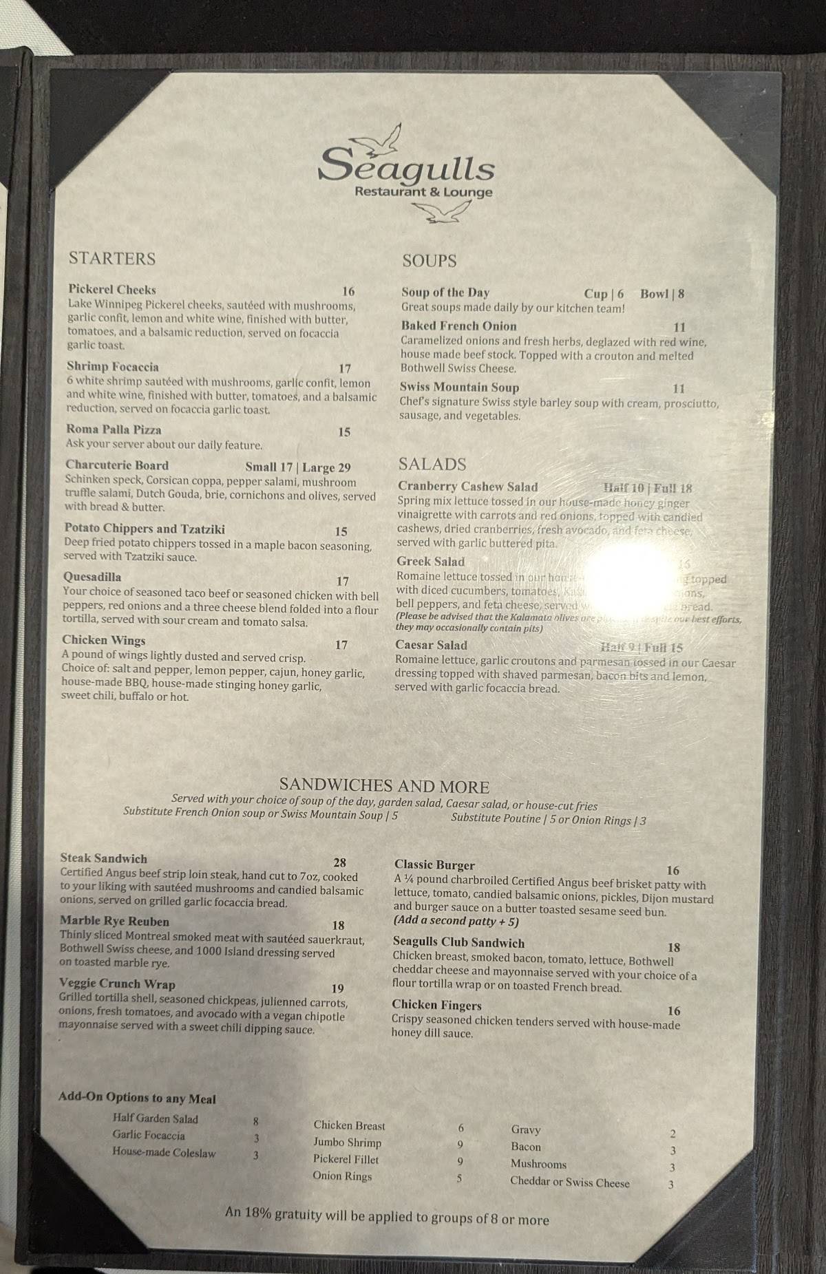 Menu at Seagulls Restaurant & Lounge, Gimli