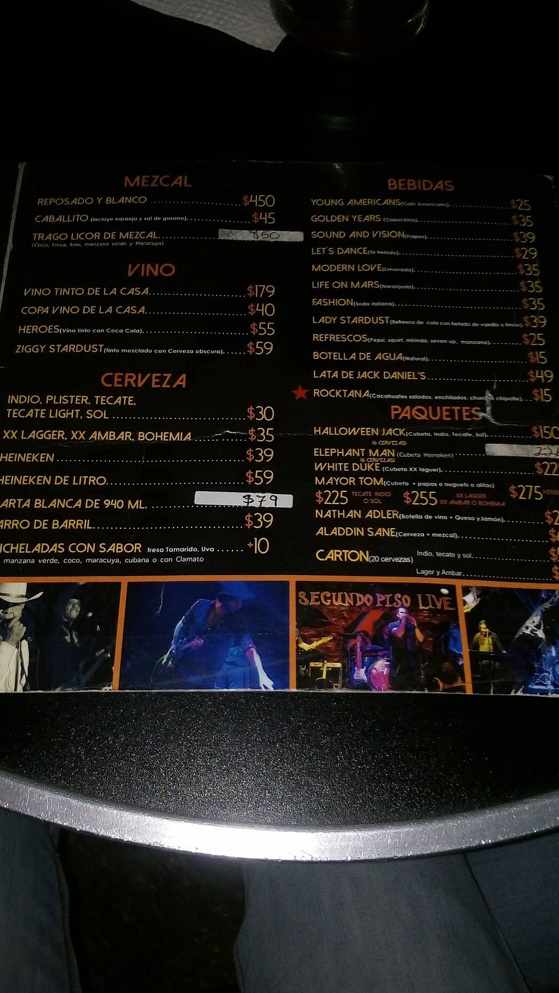 Carta de Segundo Piso Live Bar Café, Ciudad López Mateos