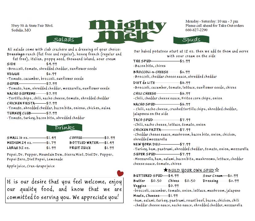 Menu at Mighty Melt Sandwich & Spud restaurant, Sedalia