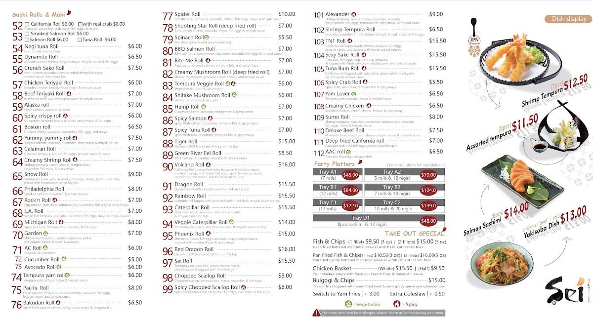 Menu at Sei Sushi Restaurant, Winnipeg