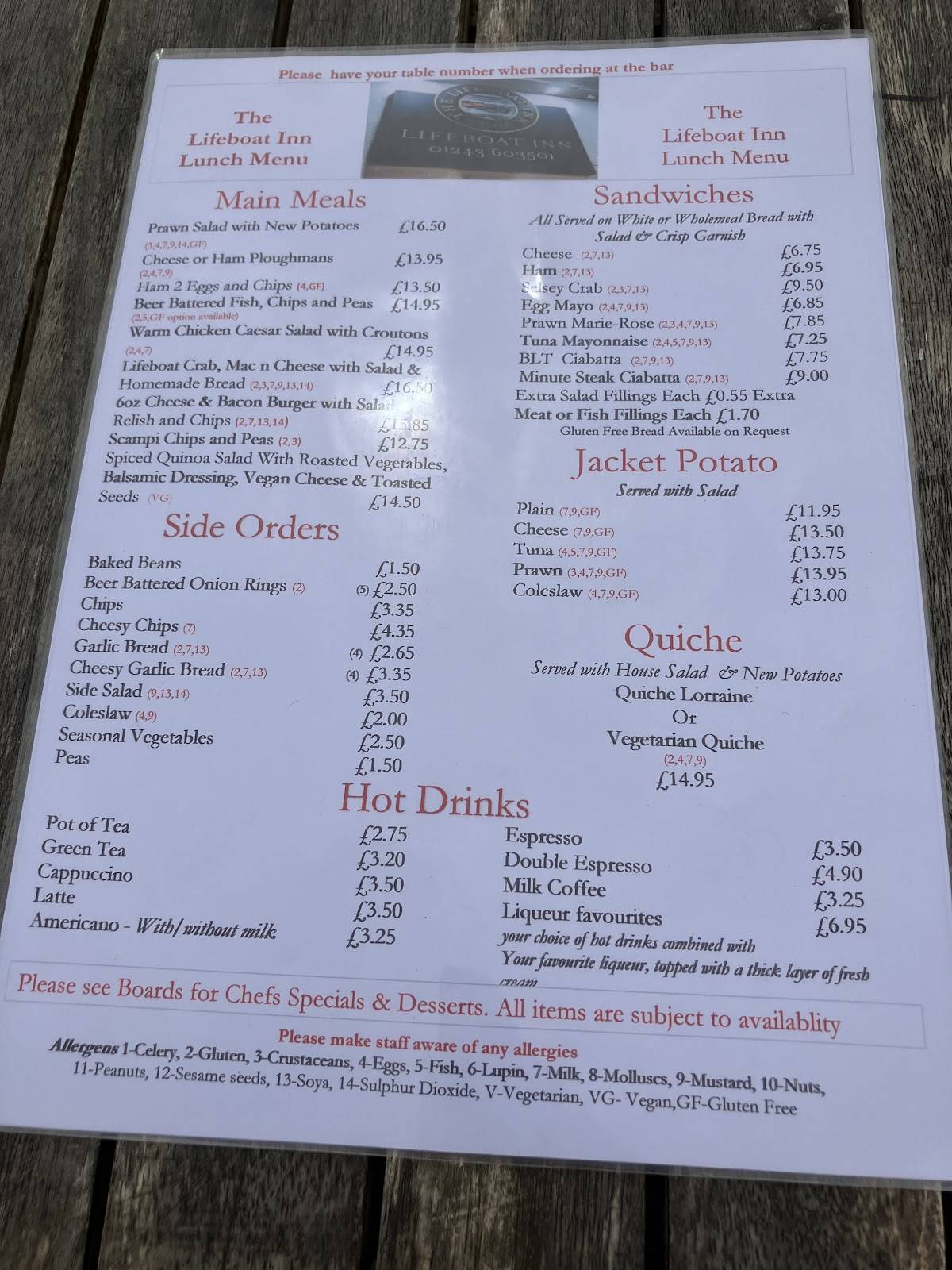 Menu at Lifeboat Inn pub & bar, Selsey