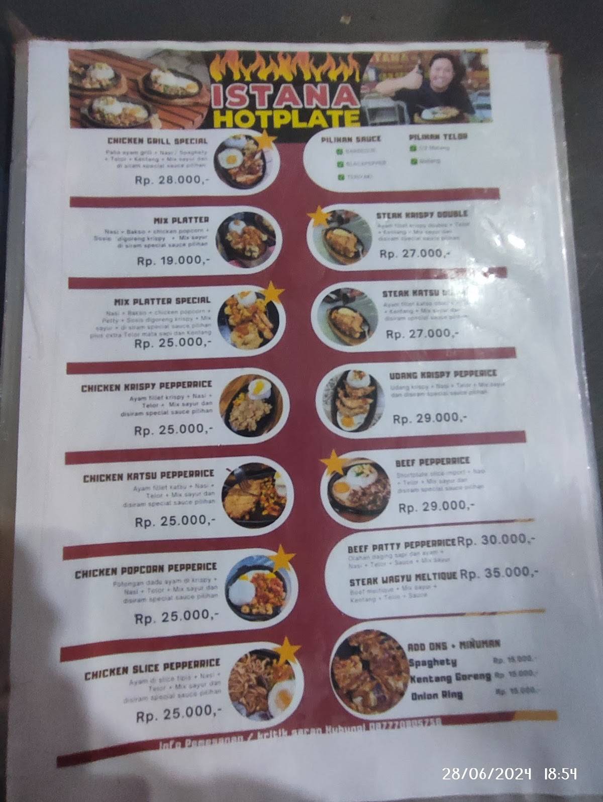 Menu at ISTANA HOTPLATE ( PEPPER RICE & STEAK Sapi Ayam HOTPLATE ...