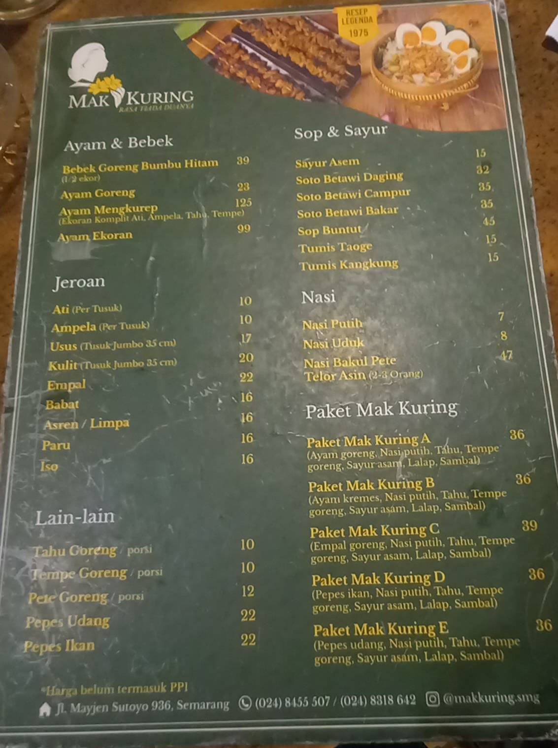 Menu at Mak Kuring Ayam Bebek Goreng Bumbu Hitam restaurant, Semarang