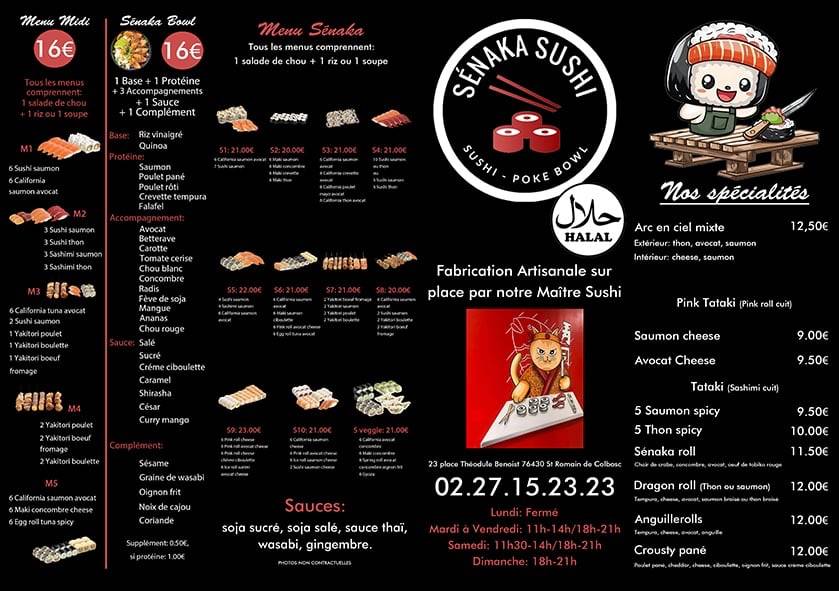 Menu au Sénaka Sushi restaurant, Saint-Romain-de-Colbosc