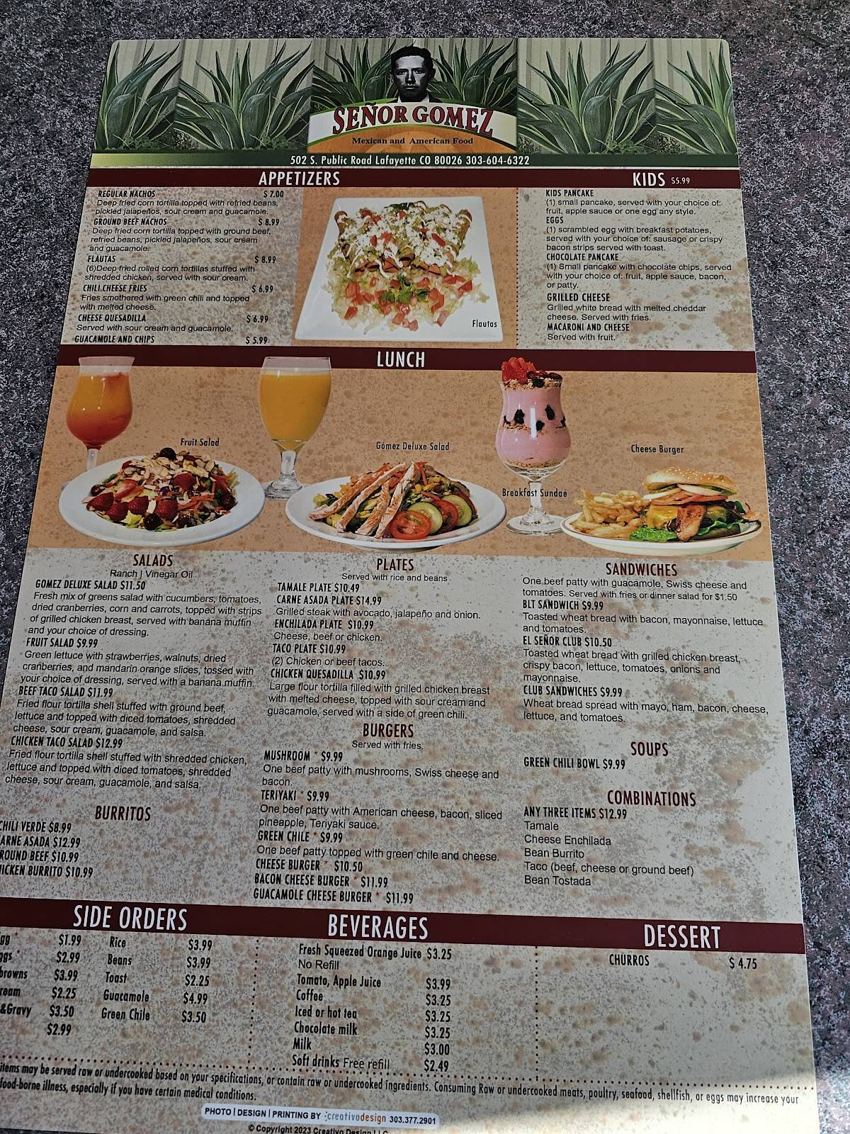 Menu at Senor Gomez Restauraunt restaurant, Lafayette