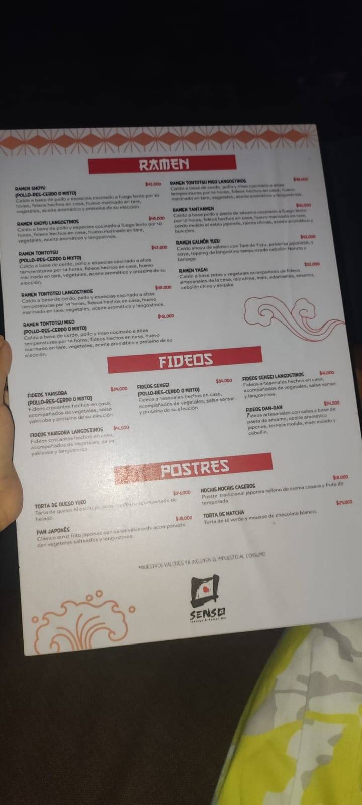 Carta de Senso Isakaya & Ramen Bar, Barranquilla