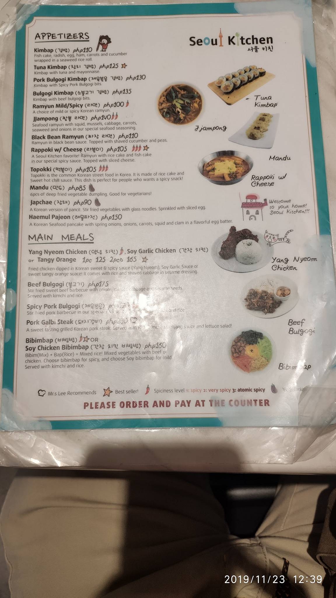 Carta del restaurante Seoul Kitchen, Los Baños