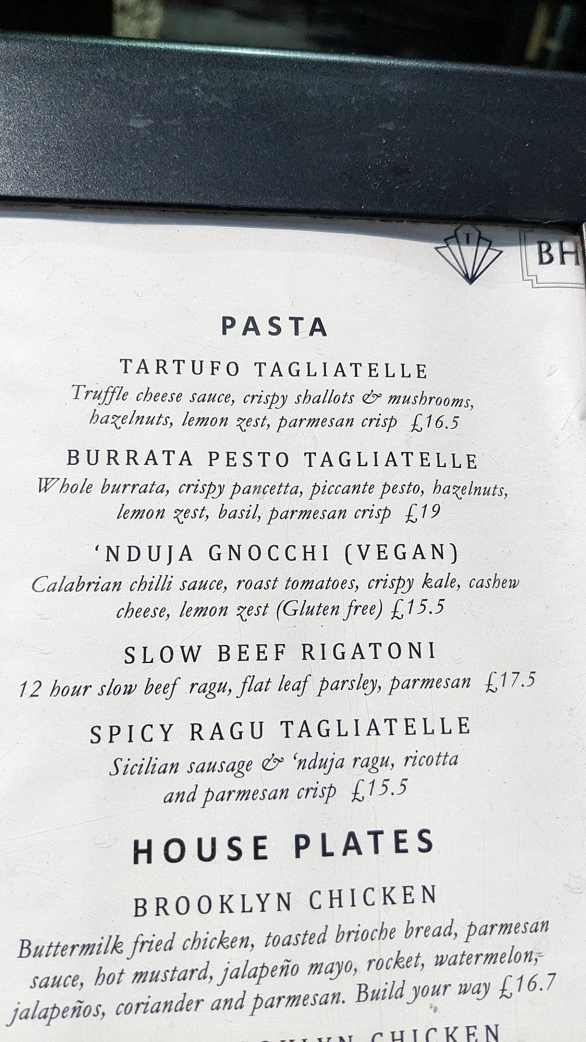 Menu at Serata Hall pub & bar, London, 207 Old St