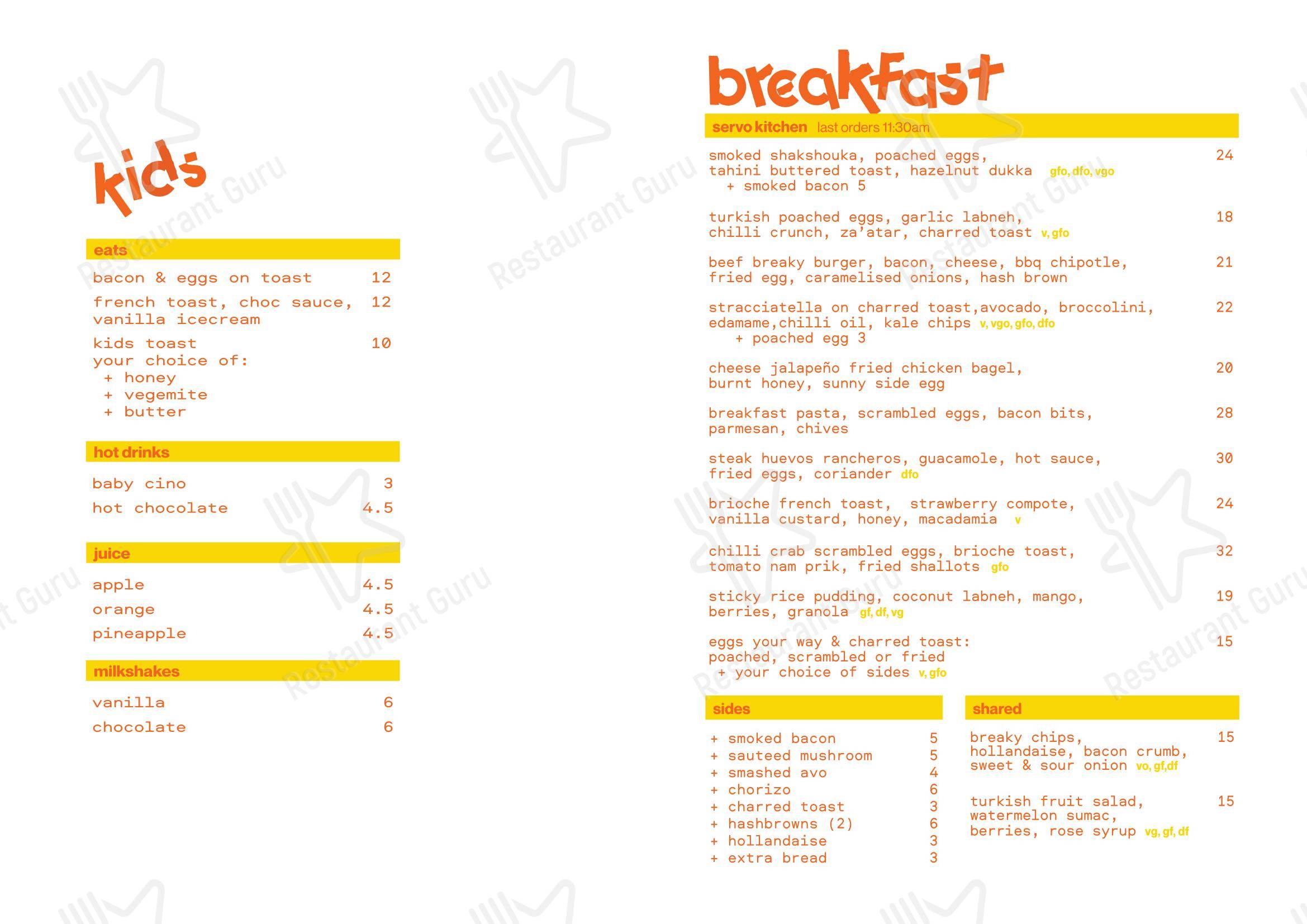 Menu at Servo Leederville restaurant, Leederville