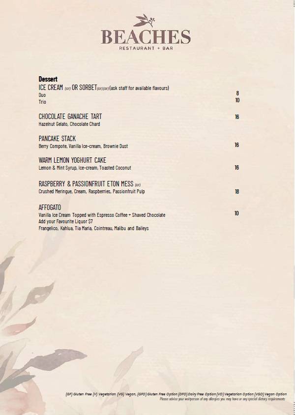 Menu at Beaches Restaurant & Bar, Seven Mile Beach