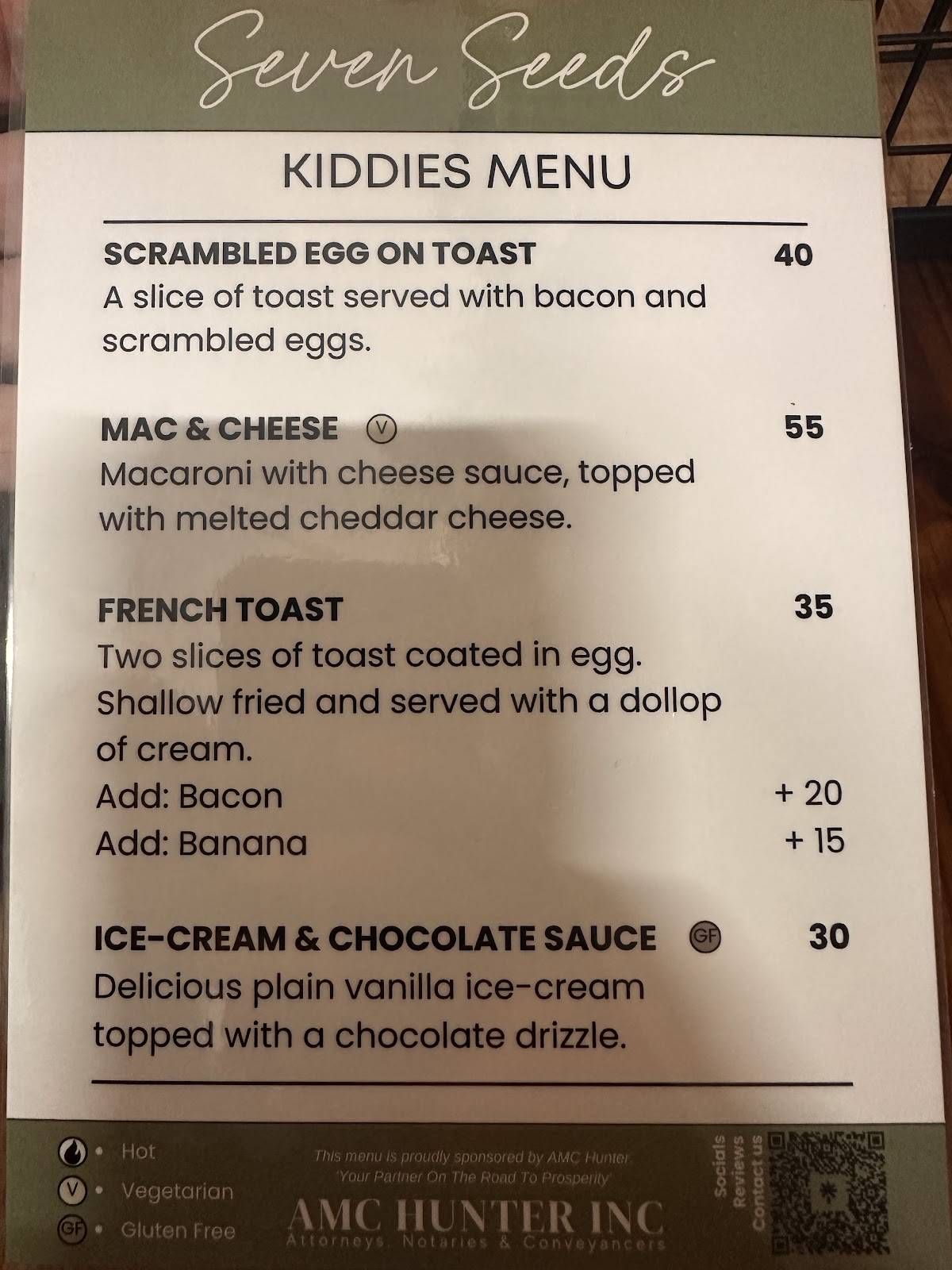 Menu at Seven Seeds Coffee Shop, Pinetown