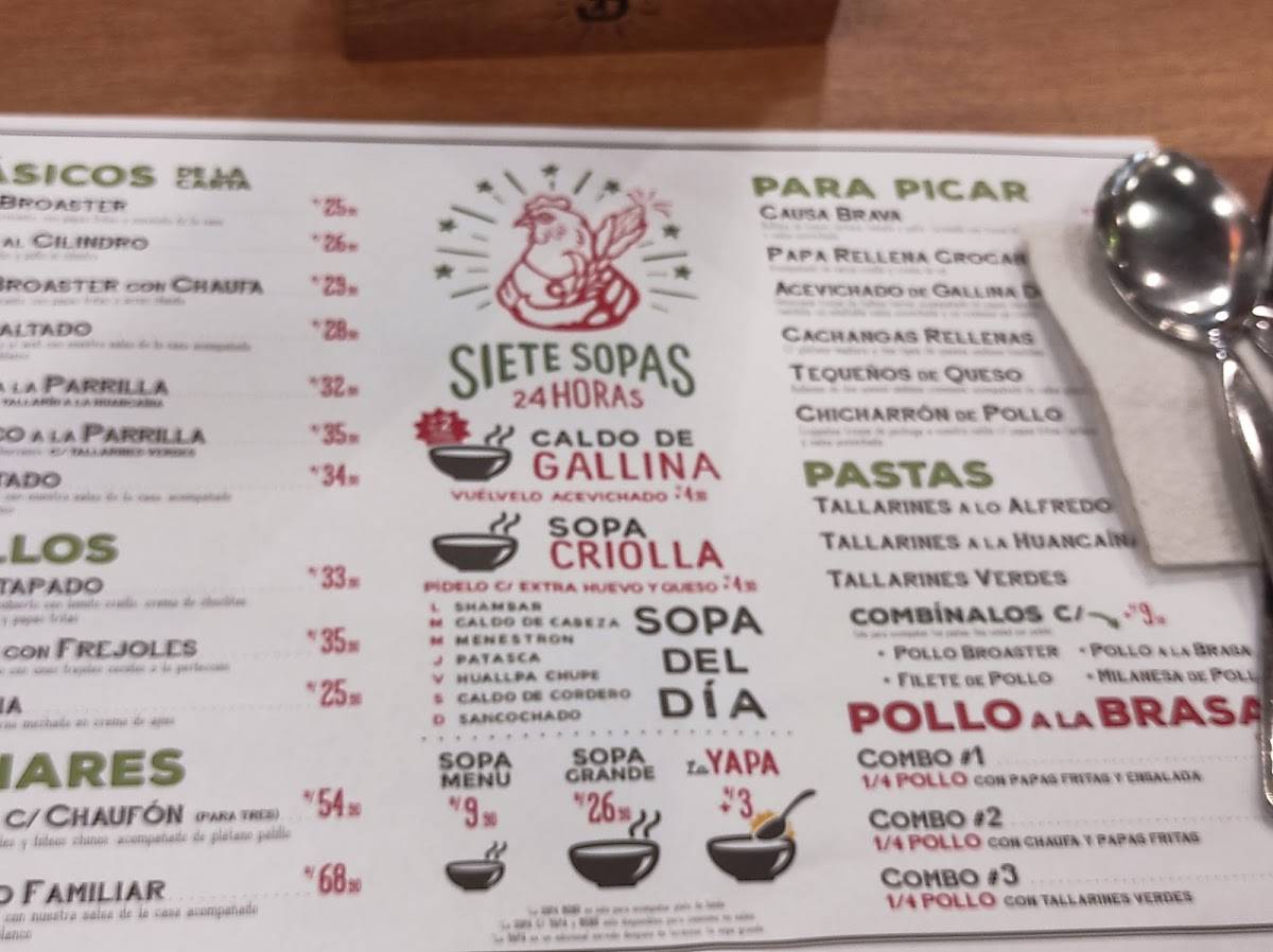 Carta del restaurante Siete Sopas, Santiago del Surco