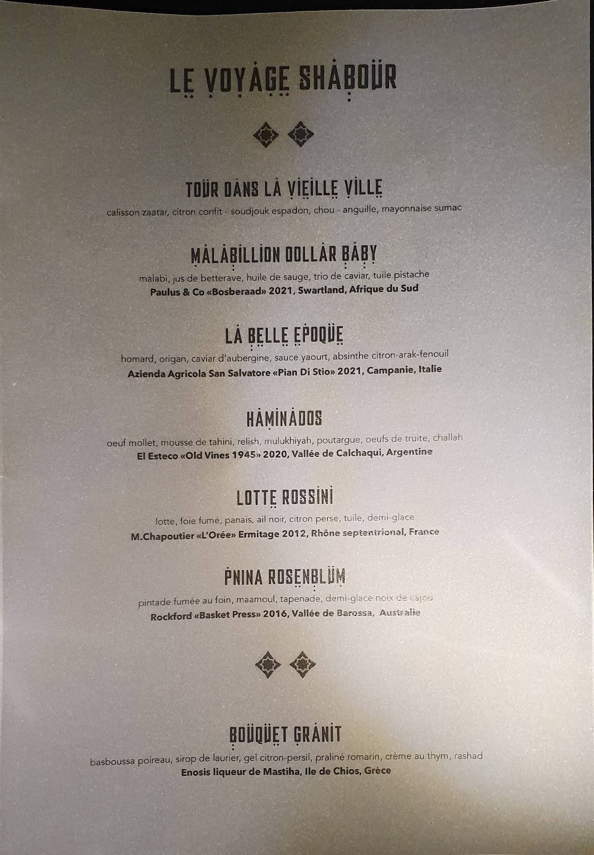 Menu au Shabour restaurant, Paris