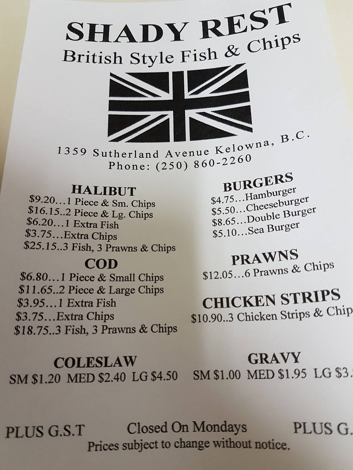 Menu at Shady Rest Fish & Chips restaurant, Kelowna