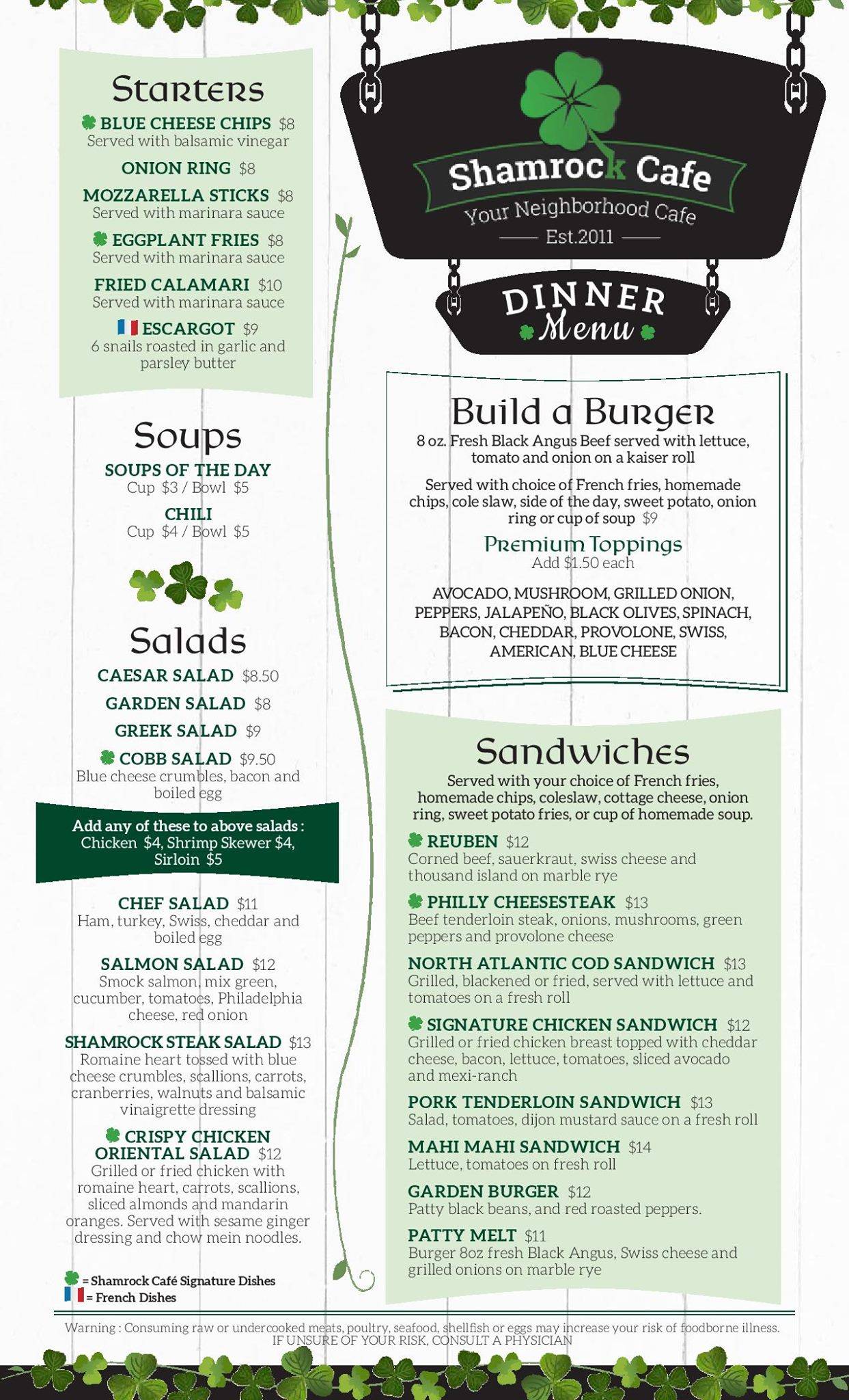 Menu at Shamrock Cafe, Venice