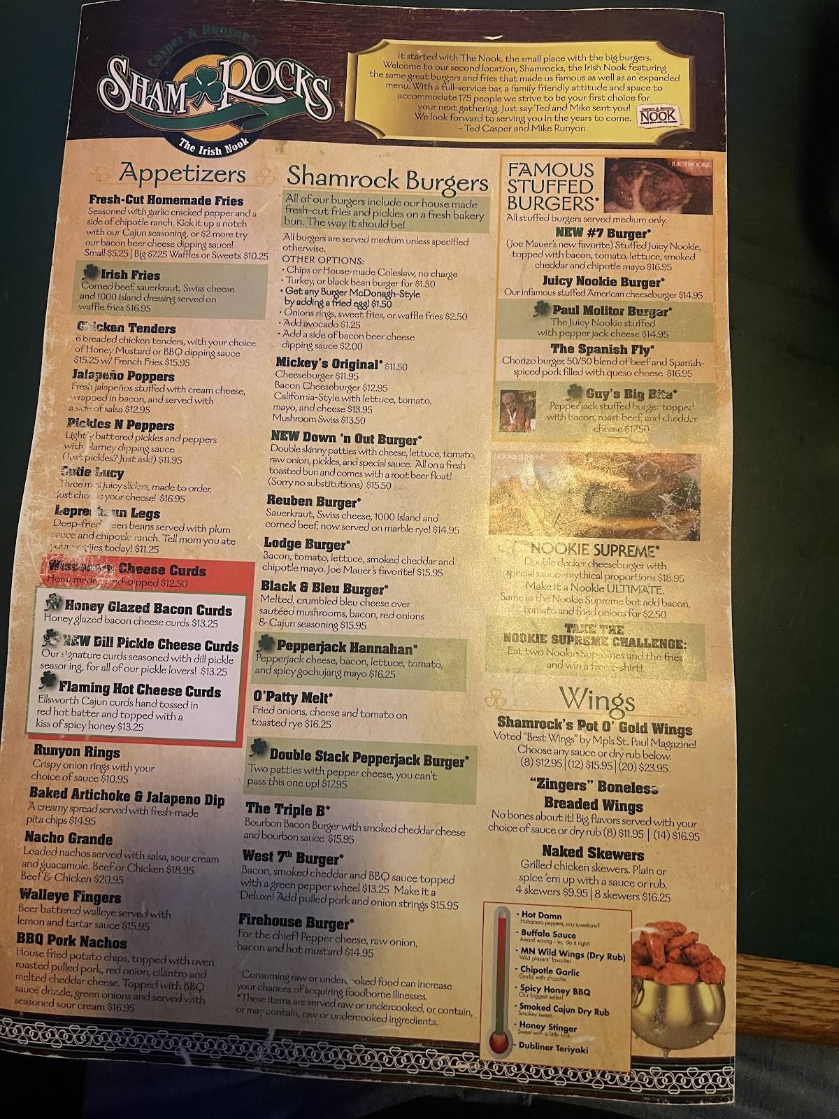 Menu at Shamrocks pub & bar, Saint Paul, 995 7th St W