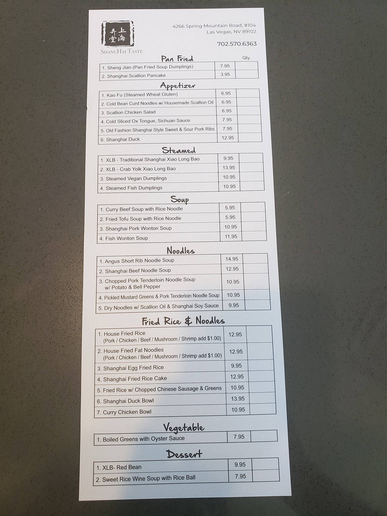 Menu at Shanghai Taste restaurant, Plano