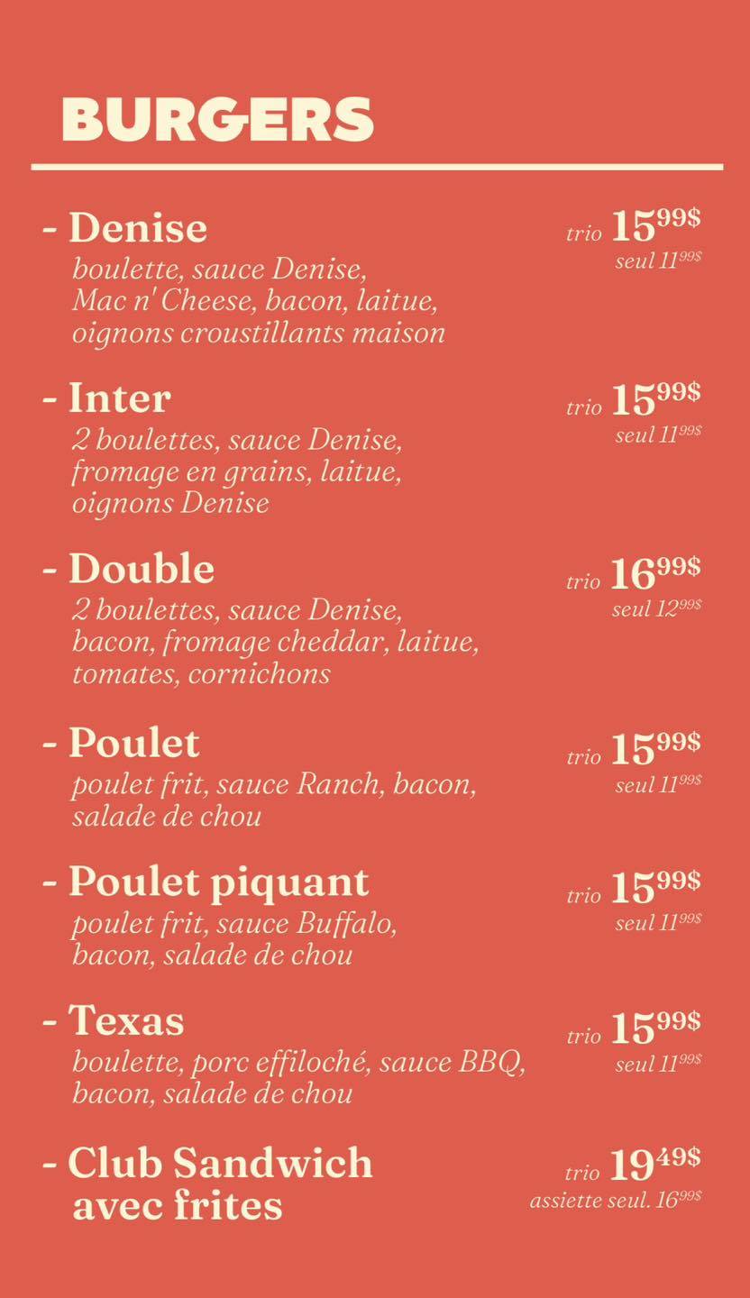 Menu at Chez Denise restaurant, Shannon