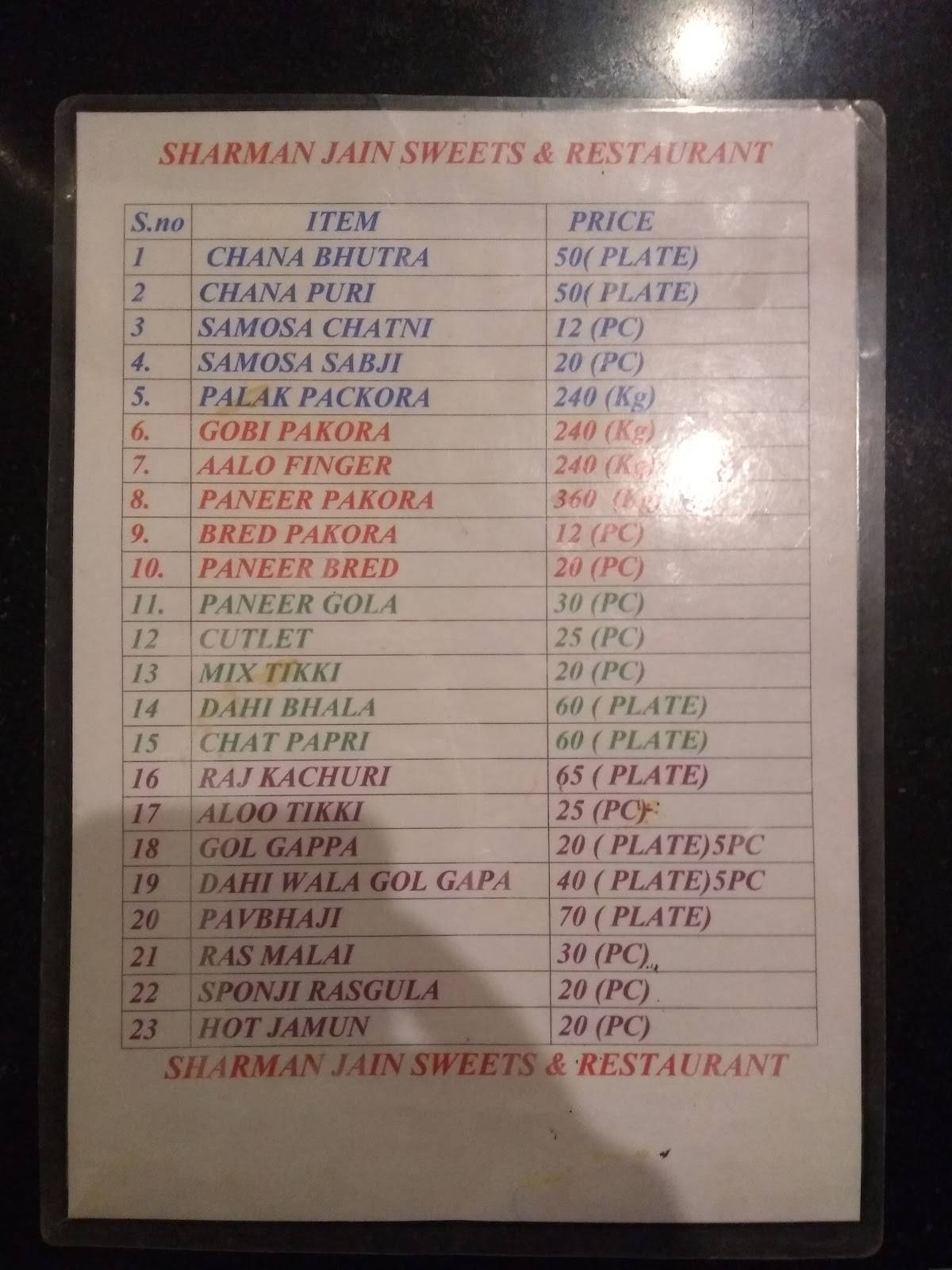 Menu at Sharman Jain Sweets & Restaurant, Nihal Singh Wala, Grain market